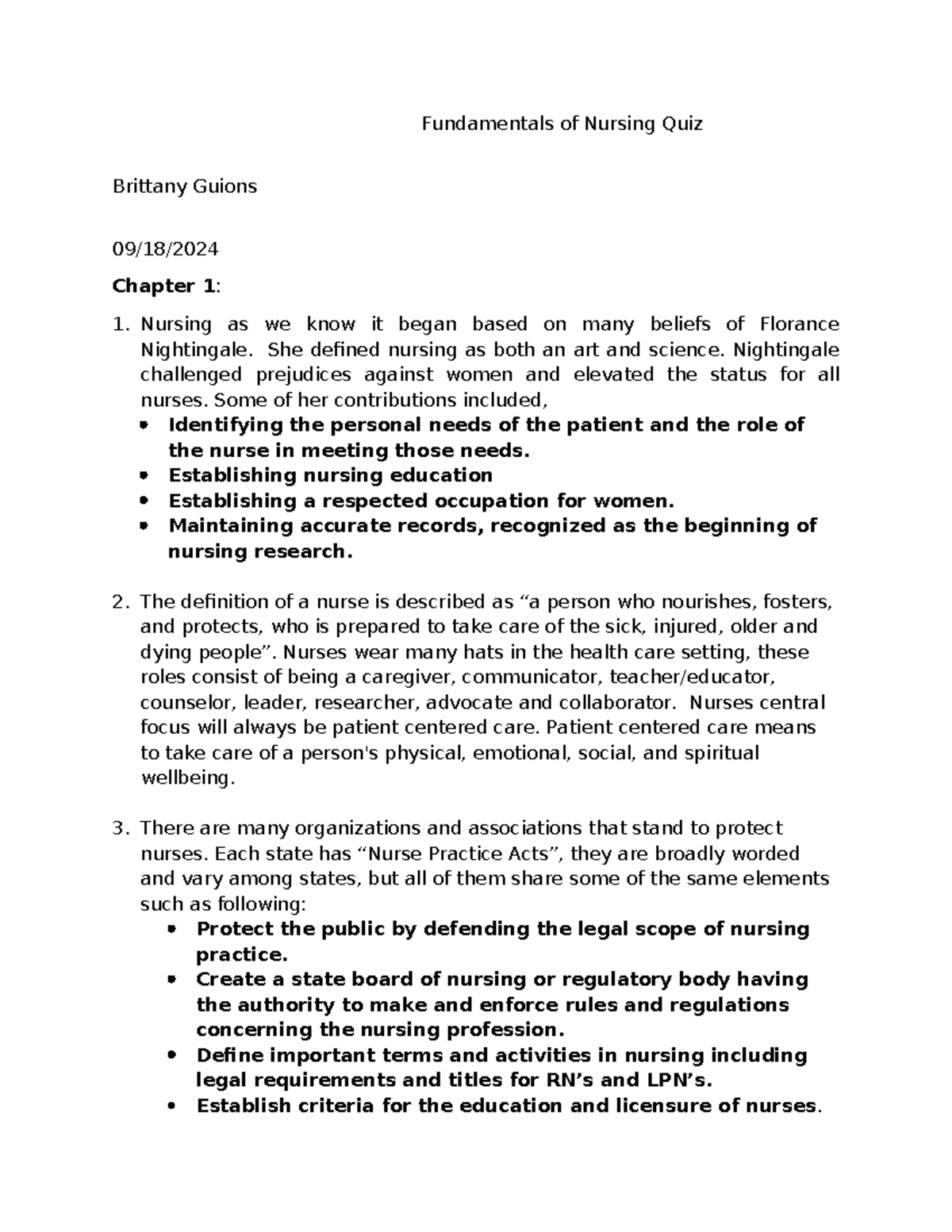 Fundamentals of Nursing Quiz 2 - Fundamentals of Nursing Quiz Brittany ...