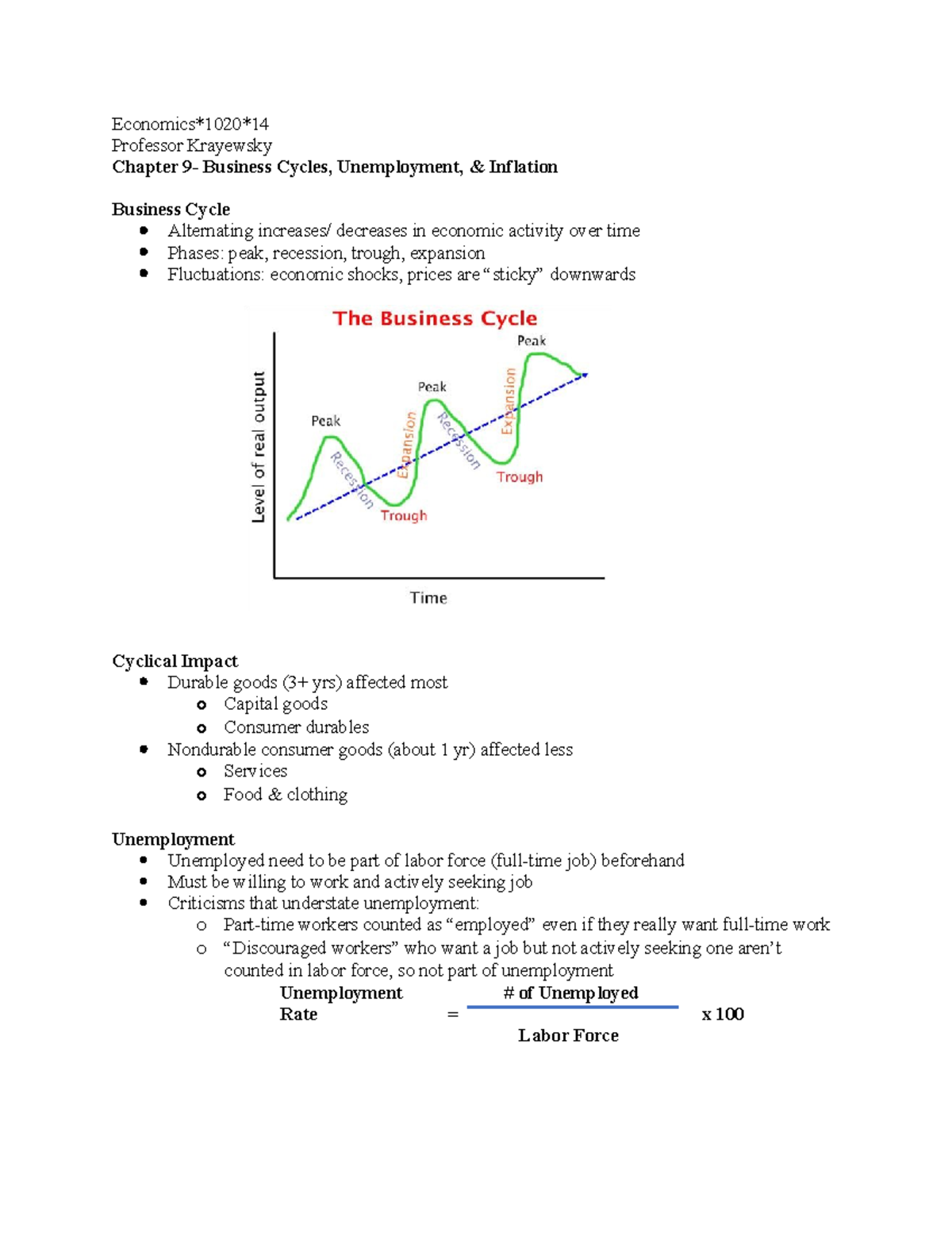 Chapter 9 Notes- Business Cycles, Unemployment, & Inflation - Economics ...