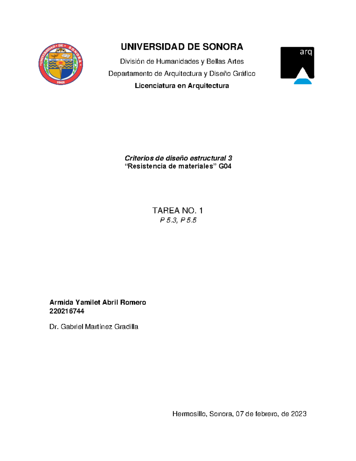 Tarea no. 1 - ejercicios calculo estructural - UNIVERSIDAD DE SONORA División de Humanidades y ...
