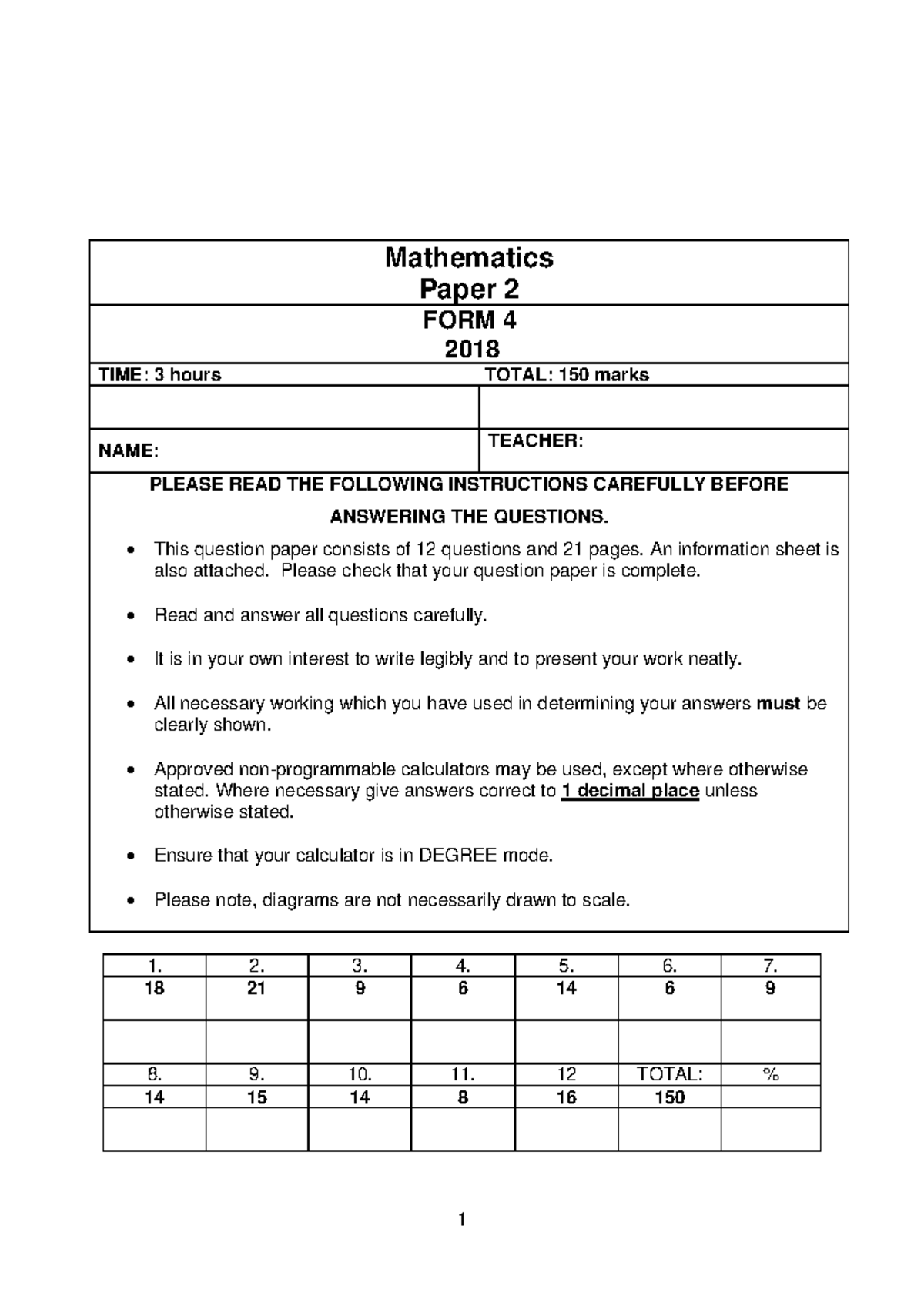 Ieb gr11 mtahs nov 2018 p2 - Mathematics Paper 2 FORM 4 2018 TIME: 3 hours TOTAL: 150 marks ...