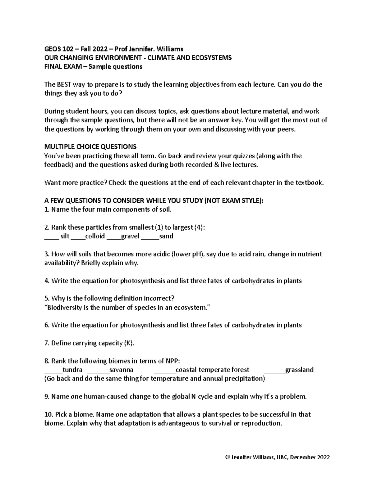 2022 - Practice - GEOS 102 – Fall 2022 – Prof Jennifer. Williams OUR ...
