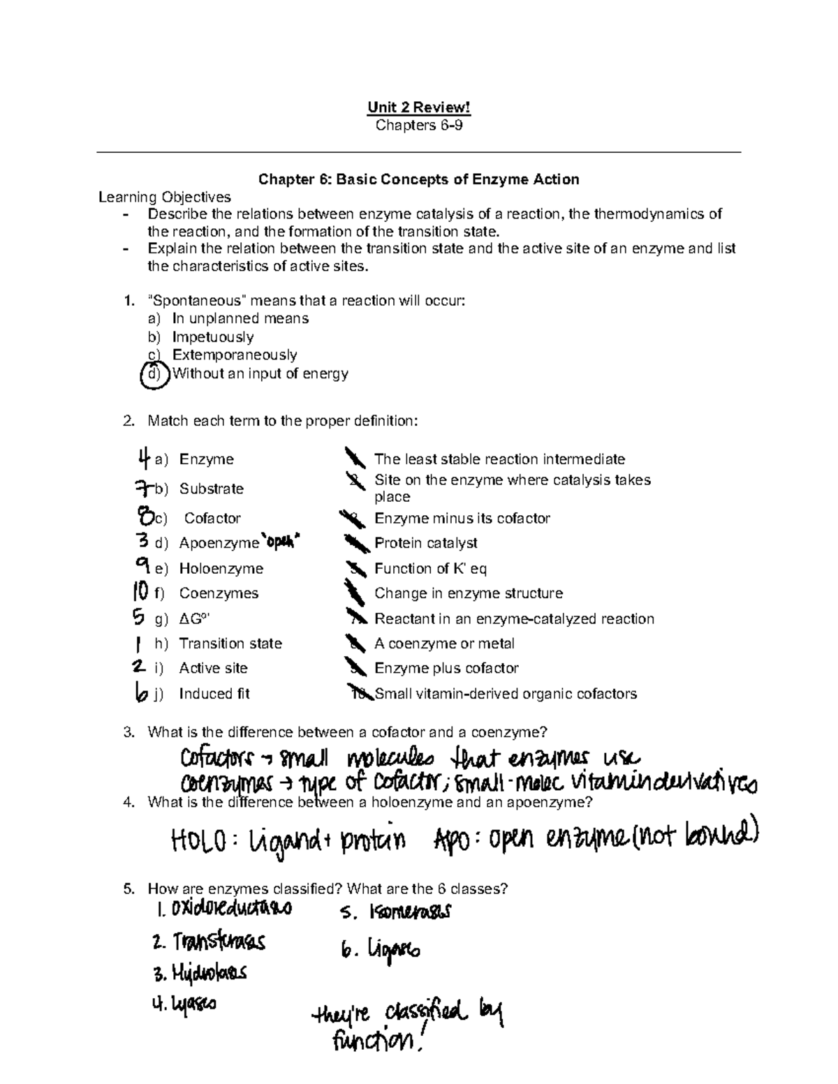 Unit 2 Review KEY - Unit 2 Review! Chapters 6- 9 Chapter 6: Basic Concepts of Enzyme Action ...