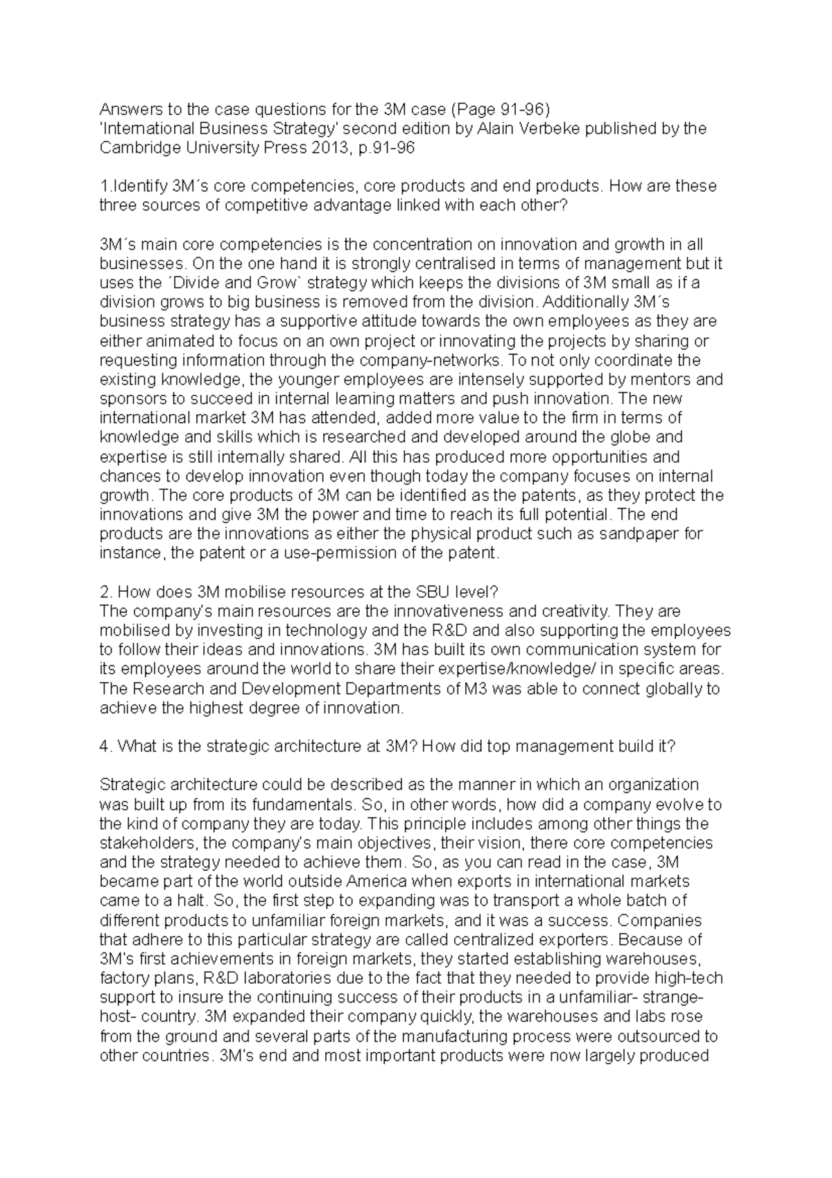 3M case answers - Answers to the case questions for the 3M case (Page ...