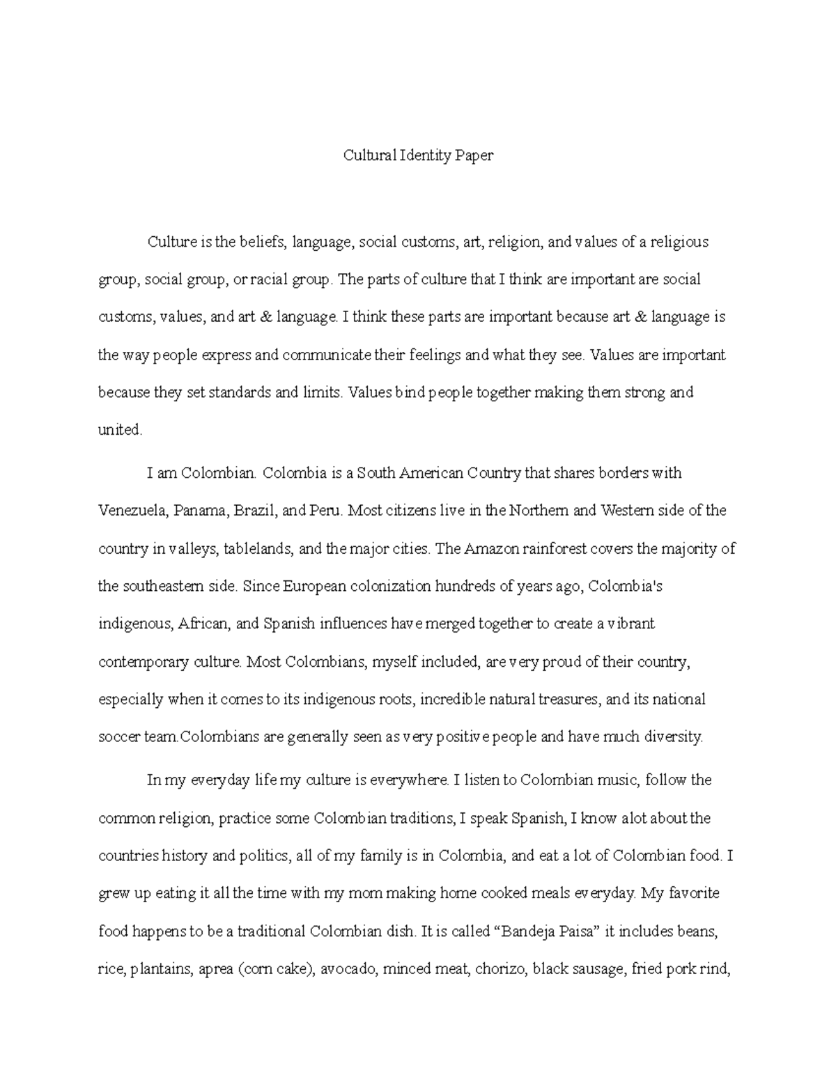 Cultural Identity Paper Sanchez, Kaylee - Cultural Identity Paper ...