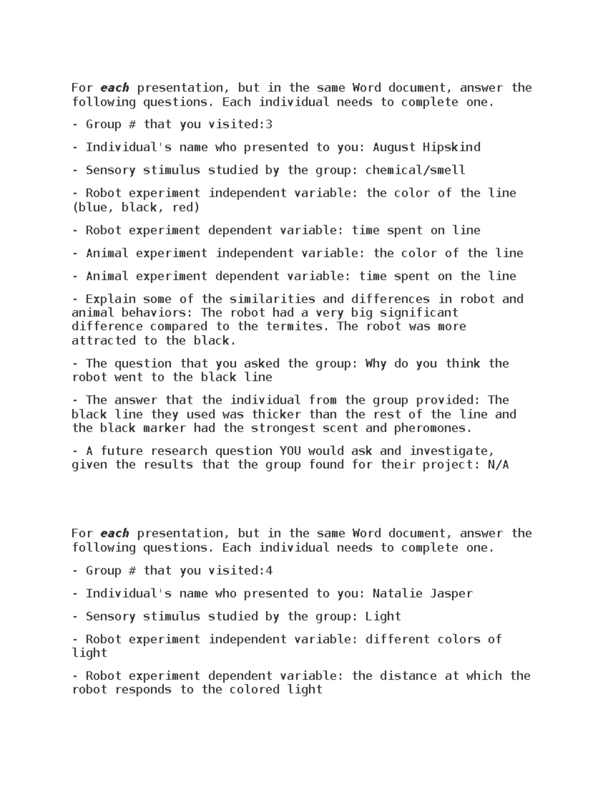 Bio Lab Poster Evaluation - For each presentation, but in the same Word ...