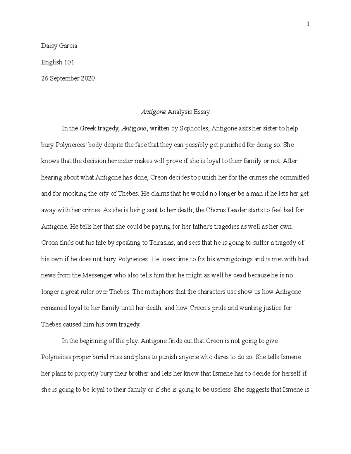 Antigone Analysis Essay - Daisy Garcia English 101 - Daisy Garcia ...