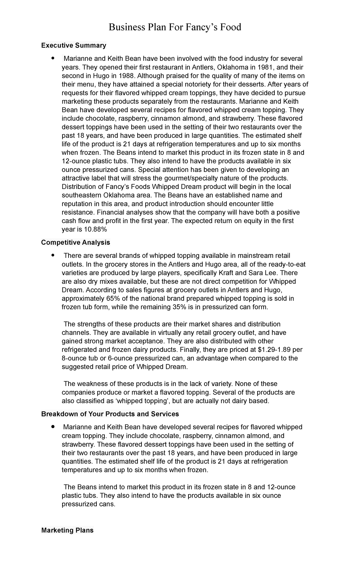 ENT 14 - fdsfsfaaf - Business Plan For Fancy’s Food Executive Summary ...