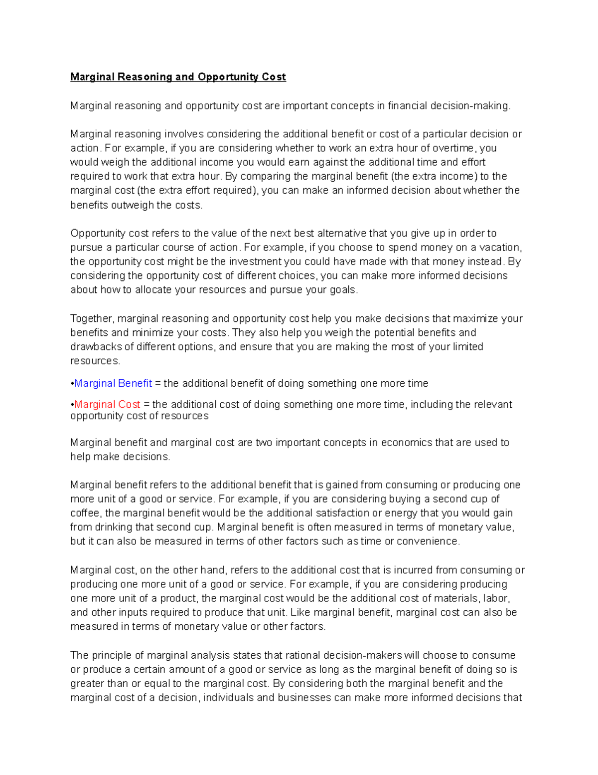 Marginal Reasoning and Opportunity Cost - Marginal Reasoning and ...