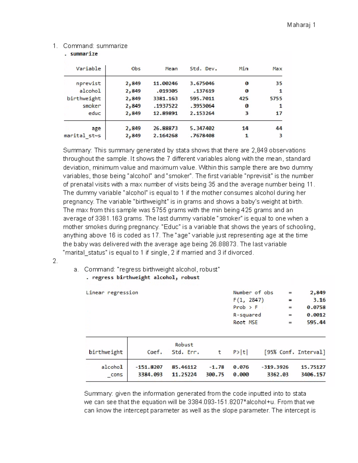 Econometrics Assignment 3 - Report with commands - Command: summarize Summary: This summary ...