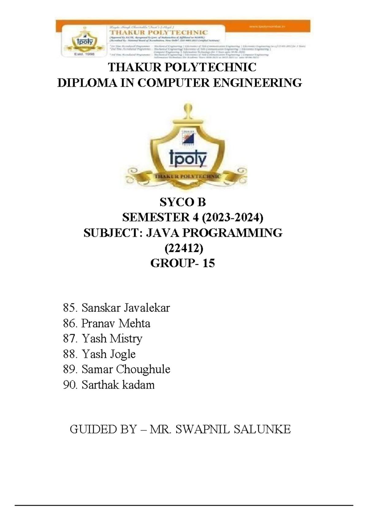 JAVA Micrpoject Group NO - THAKUR POLYTECHNIC DIPLOMA IN COMPUTER ...