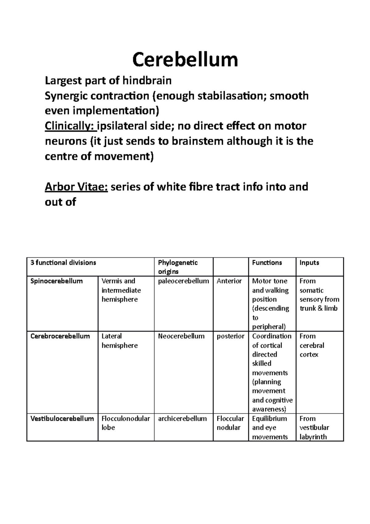Cerebellum notes - Cerebellum Largest part of hindbrain Synergic ...