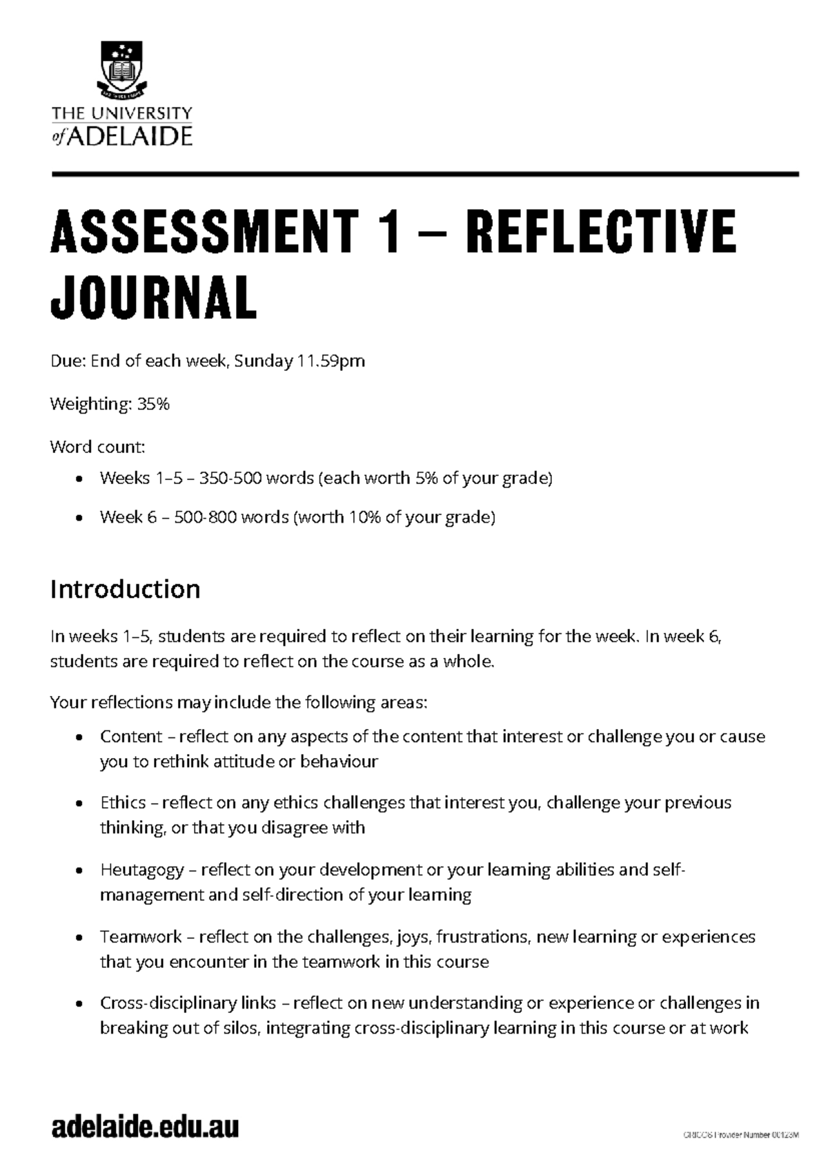 COMMGMT 7023OL Assessment 1 Brief - ASSESSMENT 1 – REFLECTIVE JOURNAL Due: End of each week ...