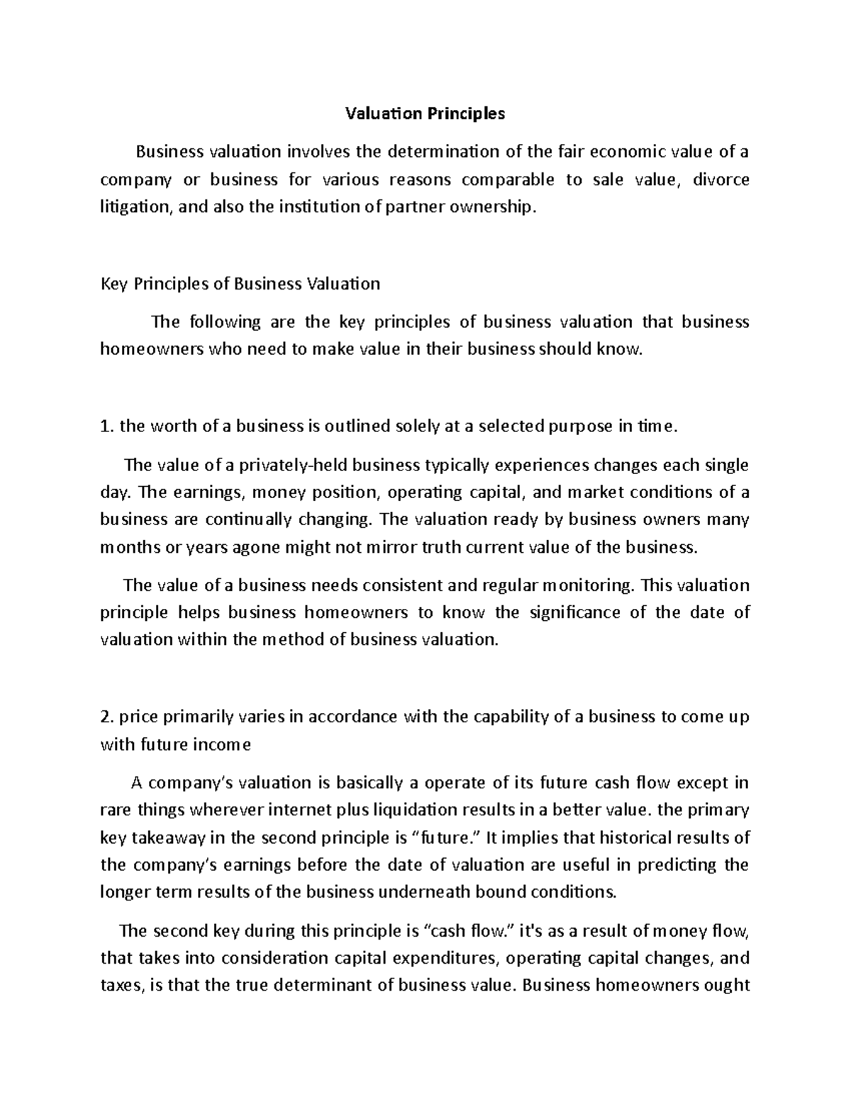 Valuation Principles - Valuation Principles Business valuation involves ...