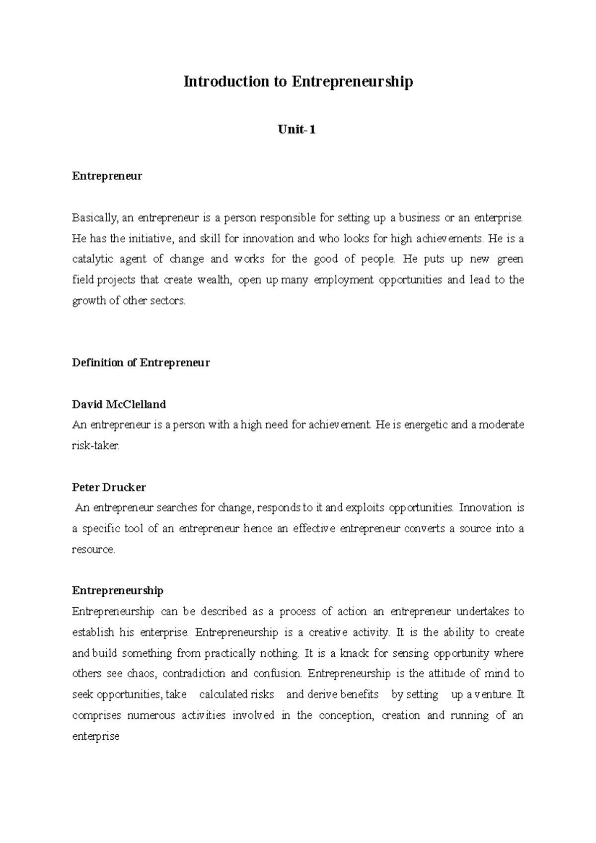 Entrepreneurship Unit-1 docx - Introduction to Entrepreneurship Unit ...