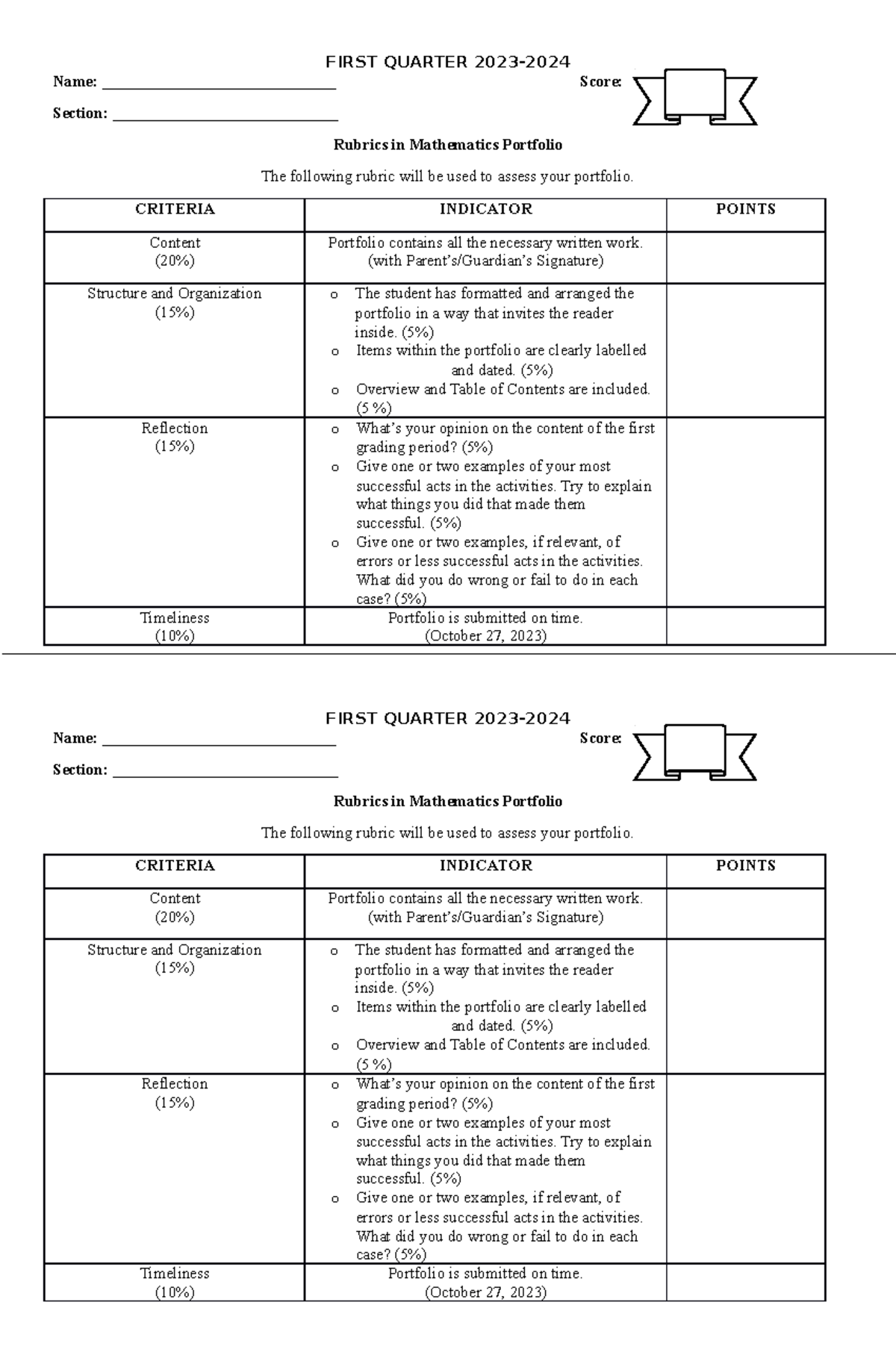 Portfolio-Rubrics - Final Output Reflection - FIRST QUARTER 2023- Name ...