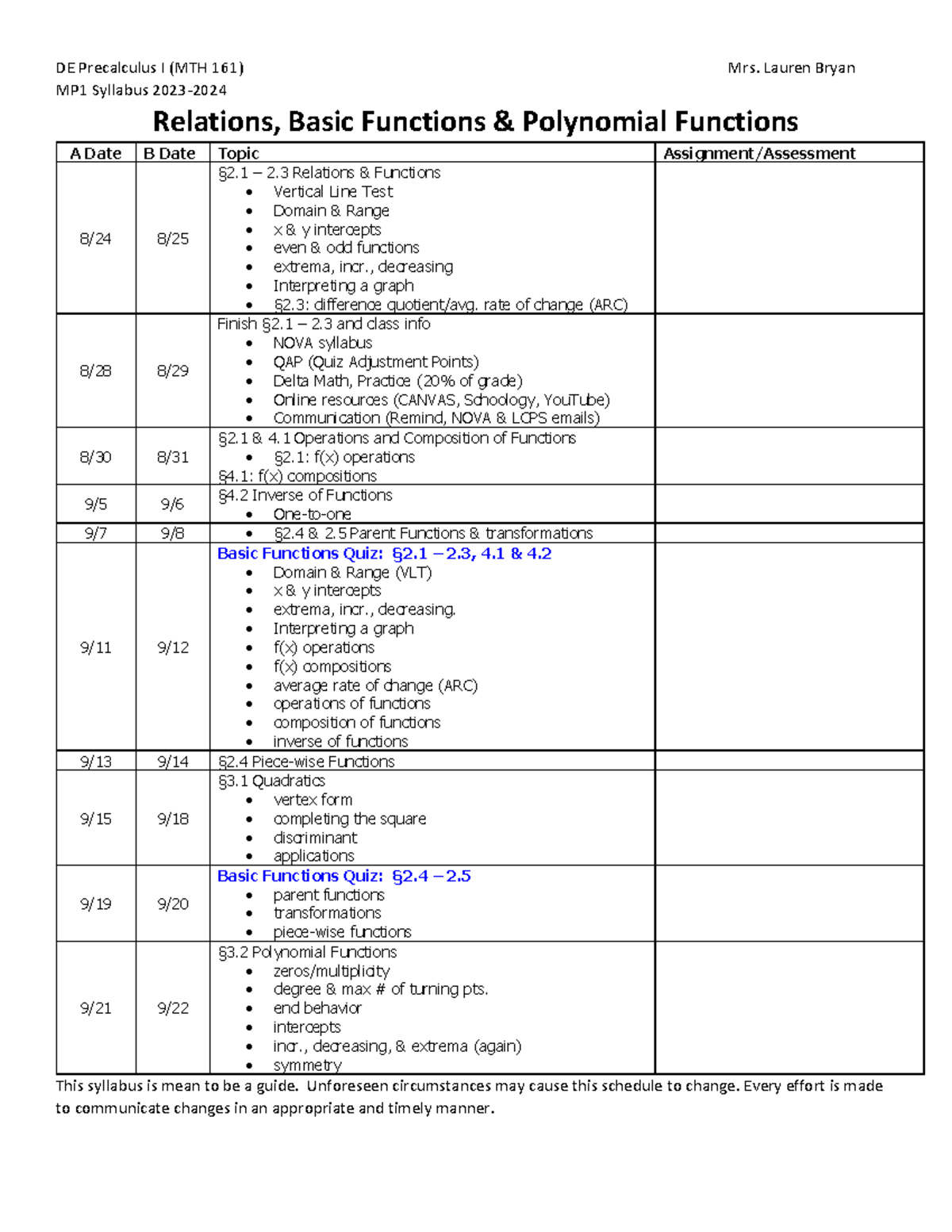 MP1 161 Precalc Pacing Guide 23-24 Bryan No Assignments - DE ...