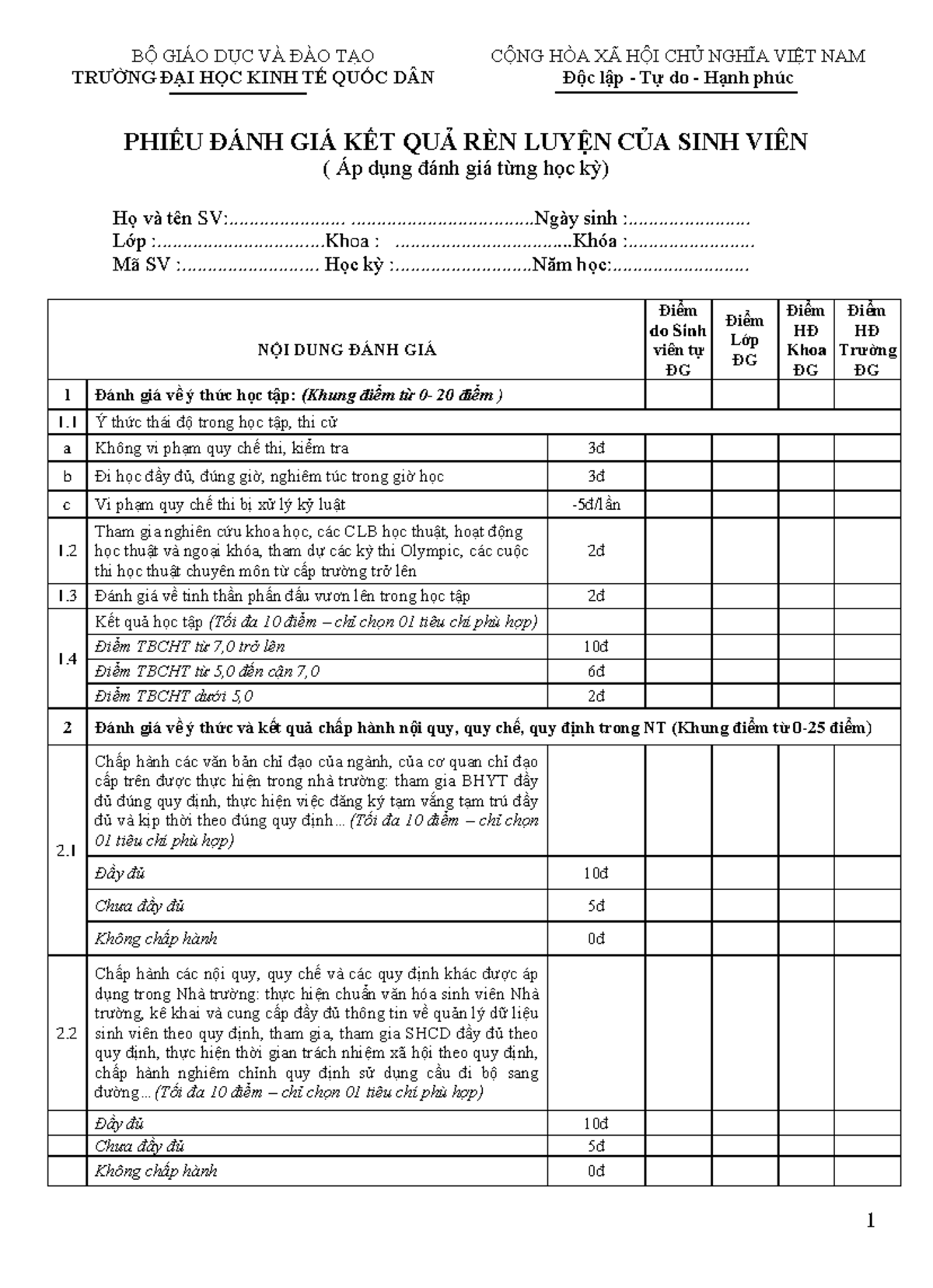 Phieu danh gia ket qua ren luyen cua sinh vien - 1 BỘ GIÁO DỤC VÀ ĐÀO TẠO TRƯỜNG ĐẠI HỌC KINH TẾ ...
