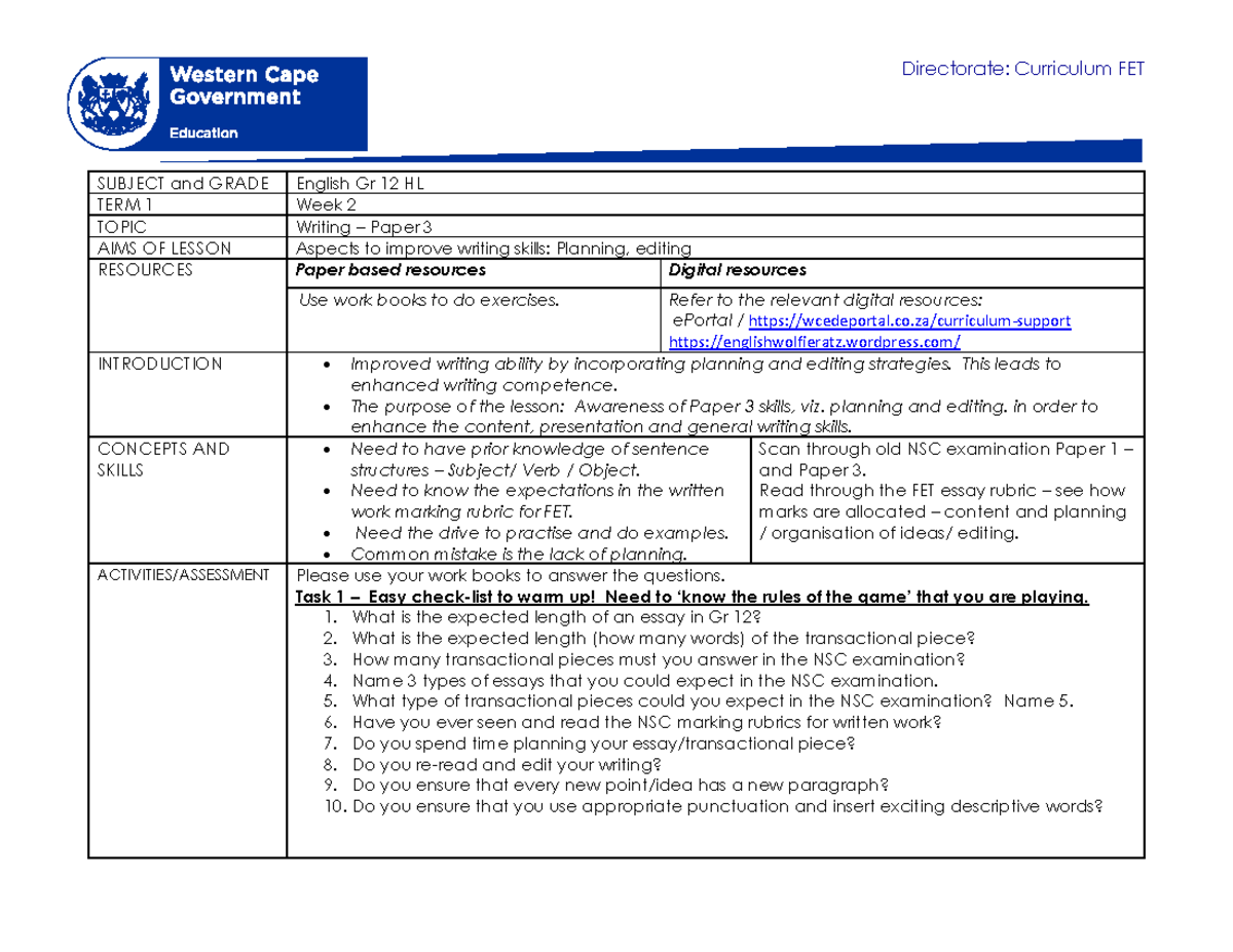 English HL Grade 12 Term 1 Week 2 2021 - Directorate: Curriculum FET ...
