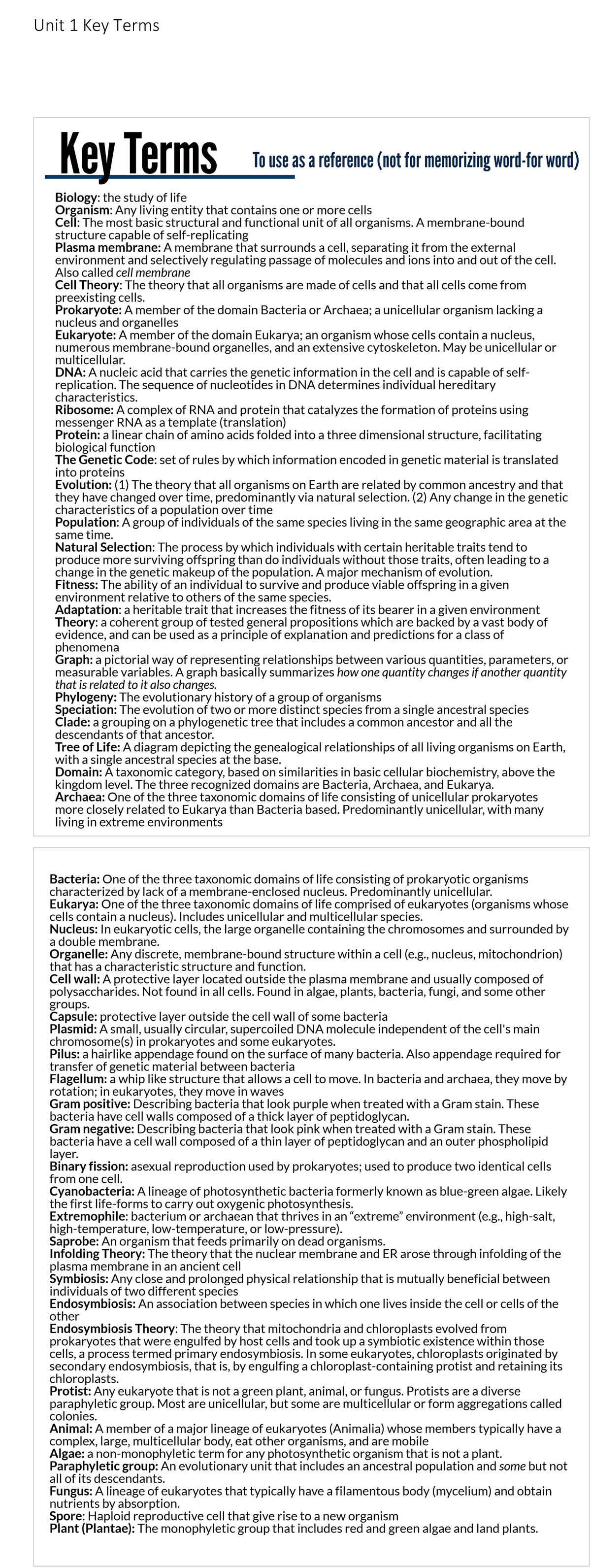 Unit 1 Key Terms - BIO148 - Unit 1 Key Terms - Studocu