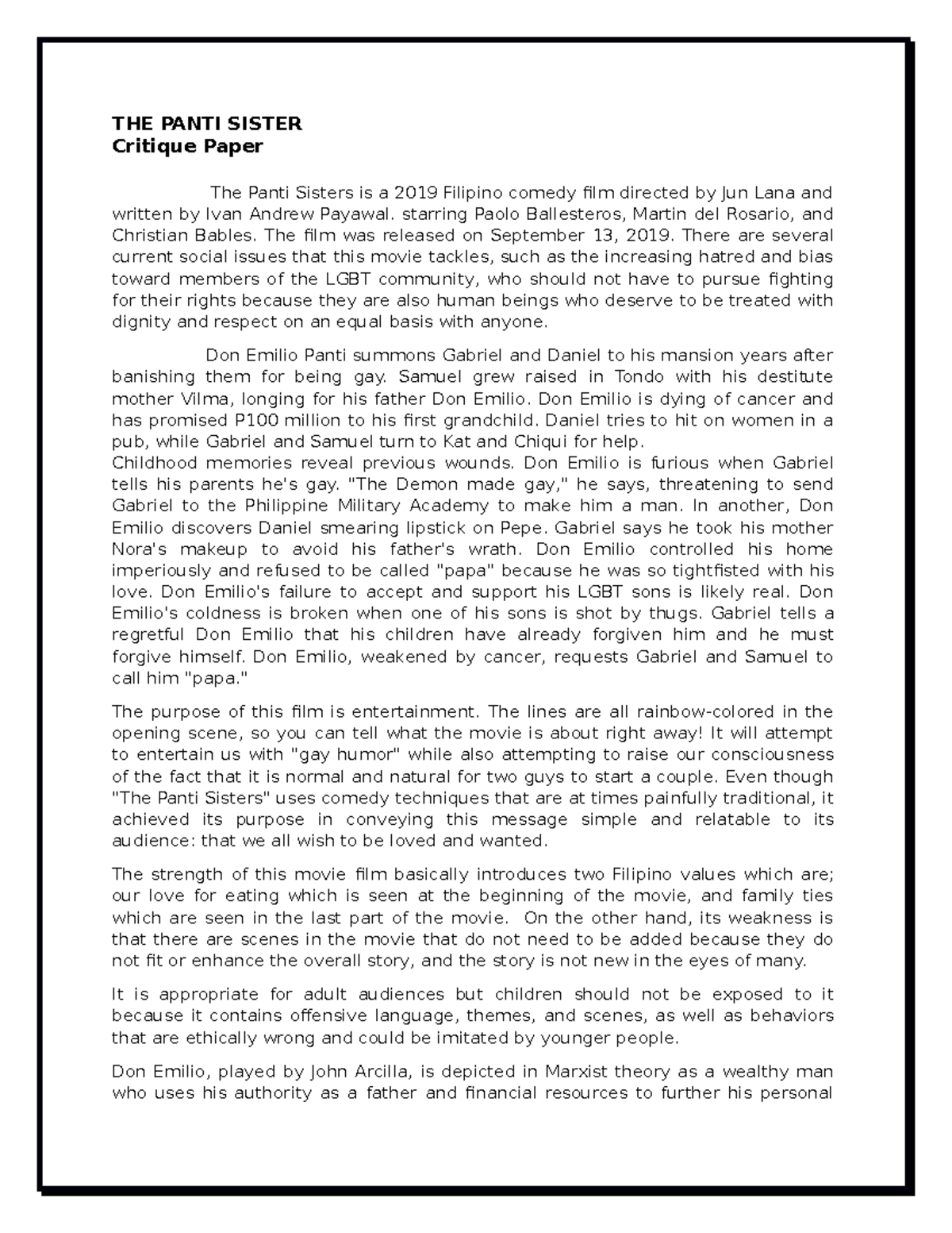 THE Panti Sister Critic Paper - THE PANTI SISTER Critique Paper The ...