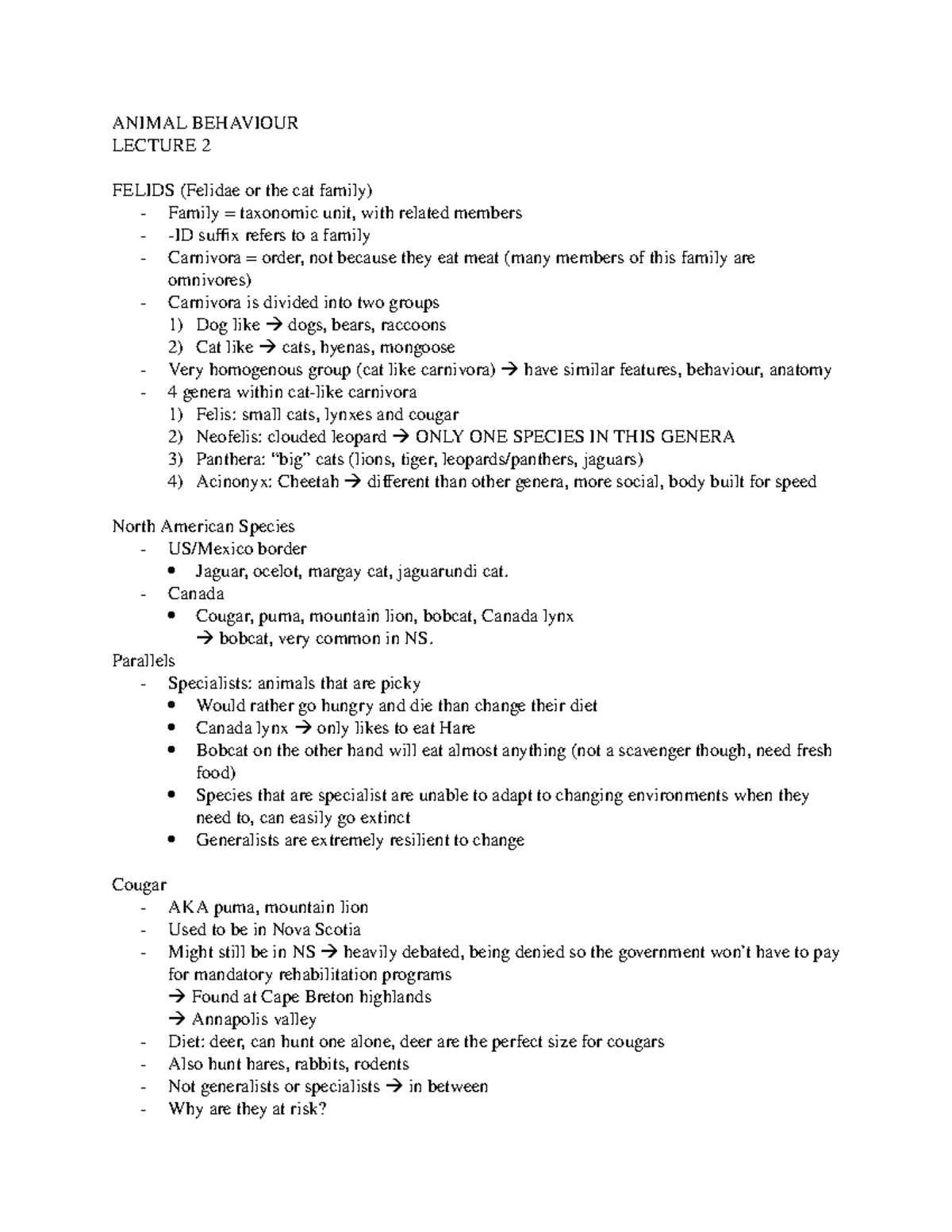 Lecture 2: Felids - ANIMAL BEHAVIOUR LECTURE 2 FELIDS (Felidae or the ...