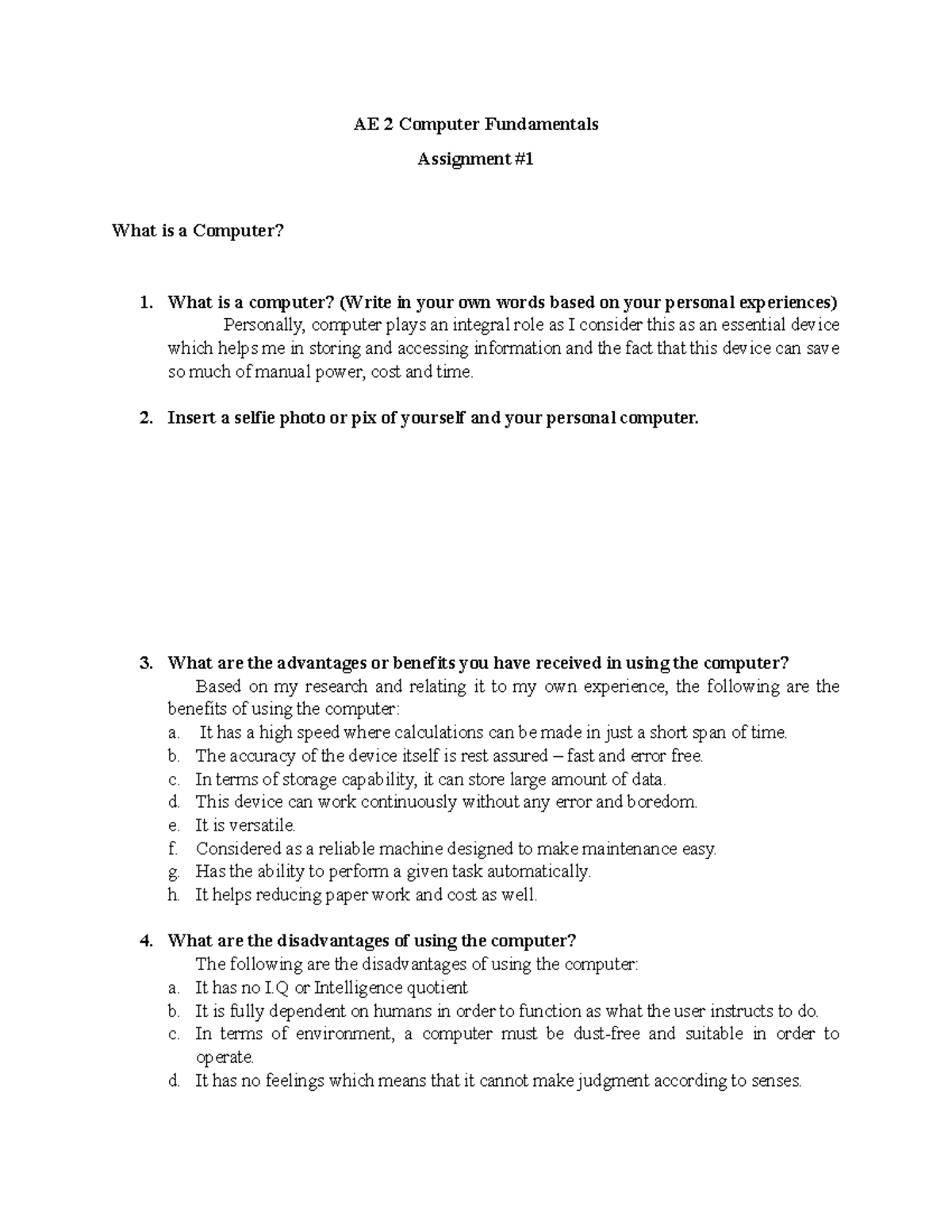 Salise AE 2 Assignment 01 - AE 2 Computer Fundamentals Assignment # What is a Computer? 1. What ...