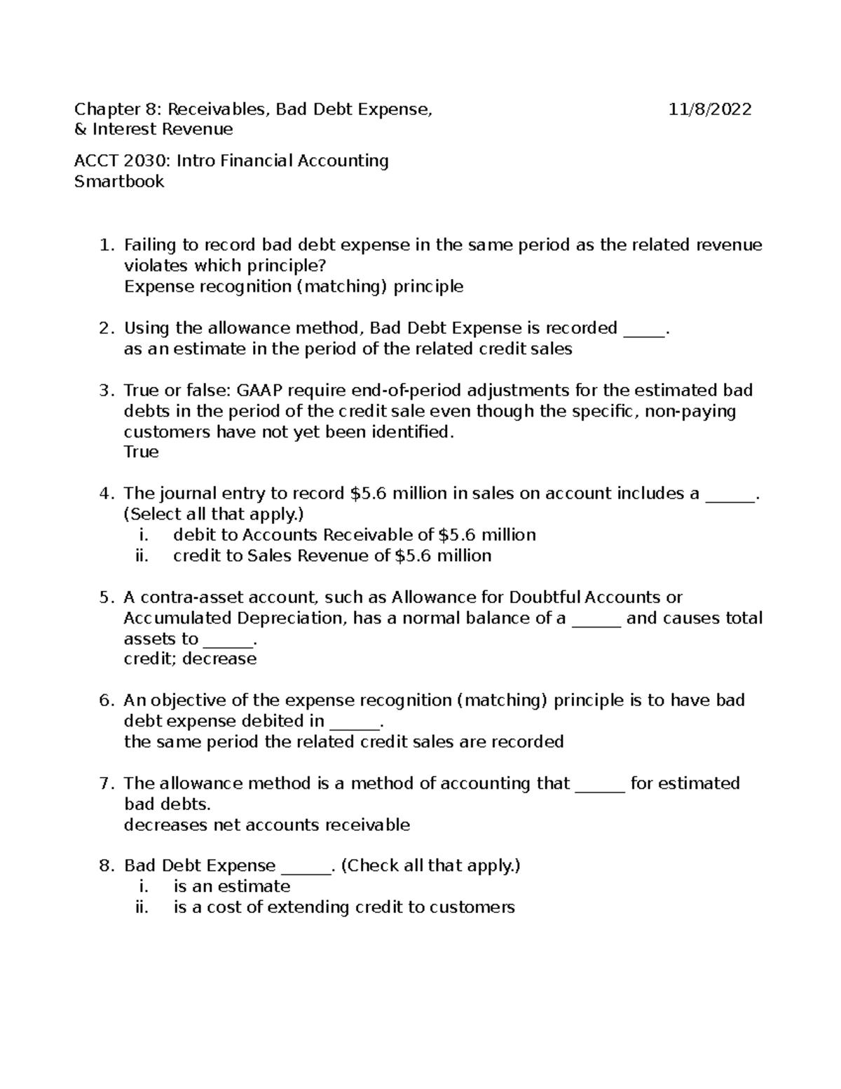 Chapter 8 Receivables Bad Debt Expense And Interest Revenue Questions 