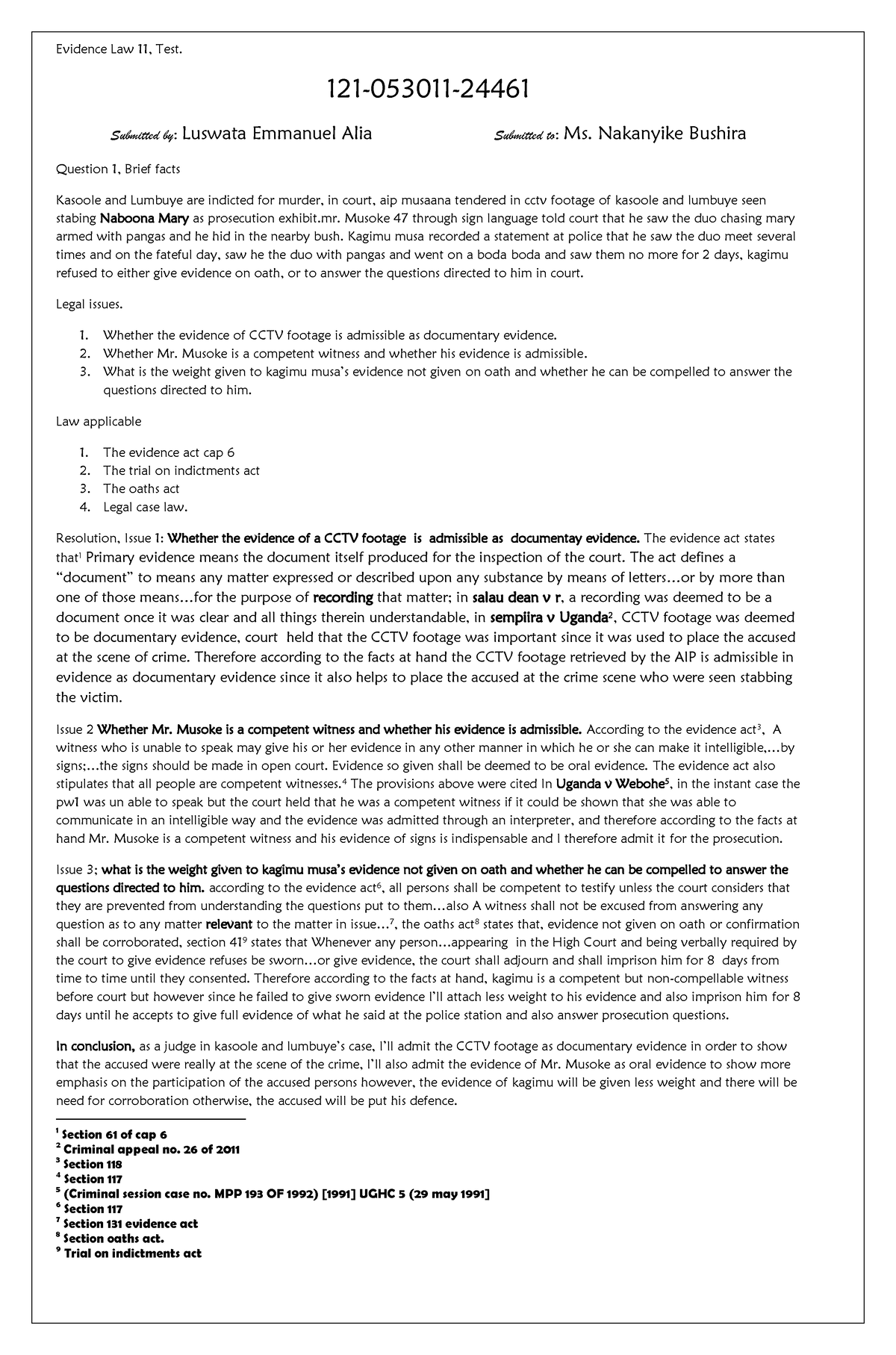 Luswata Emmanuel 24461 Evidence 11 - Evidence Law 11, Test. 121-053011 ...