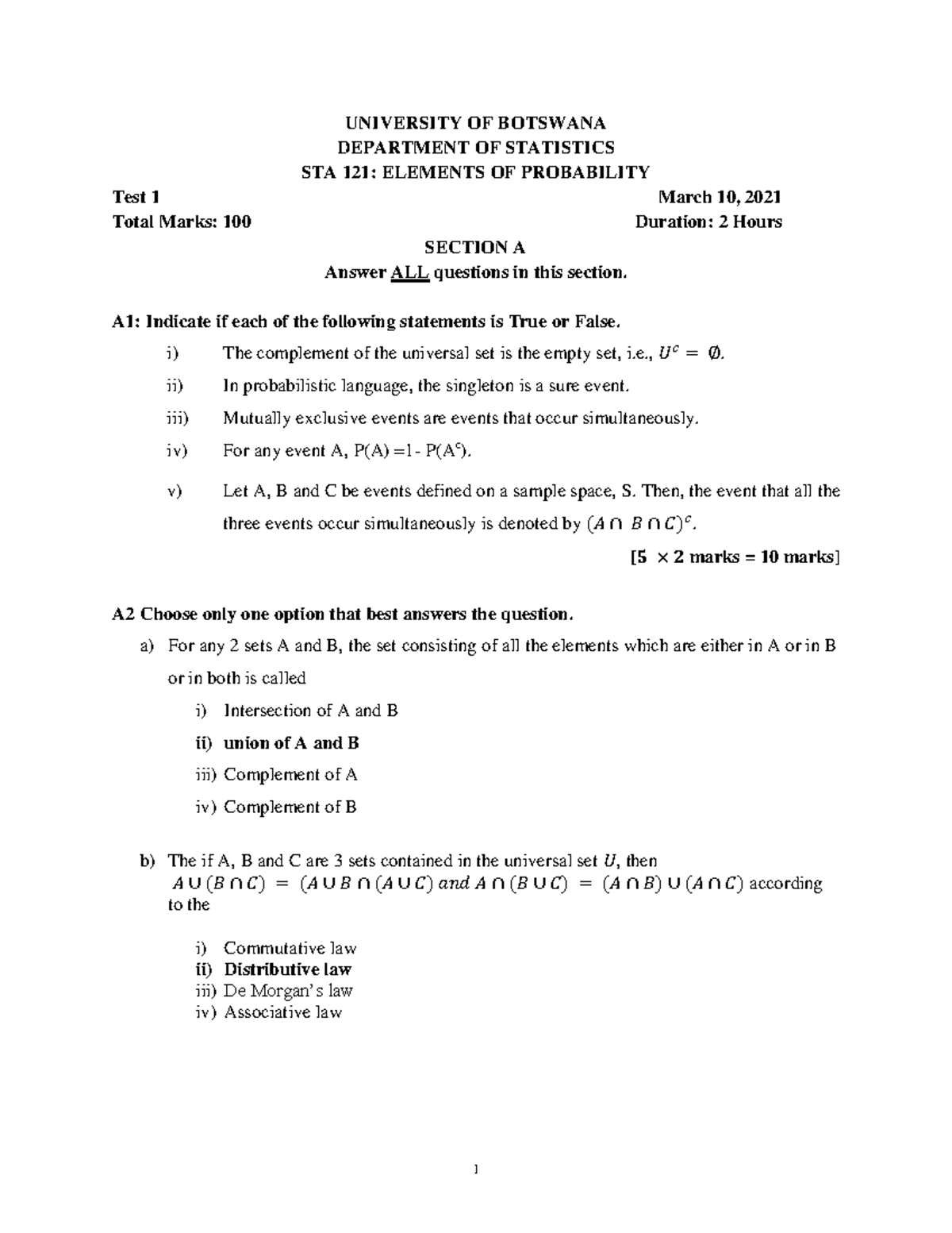 STA 121 Test 1 2021 - these are past papers,use for revision ...