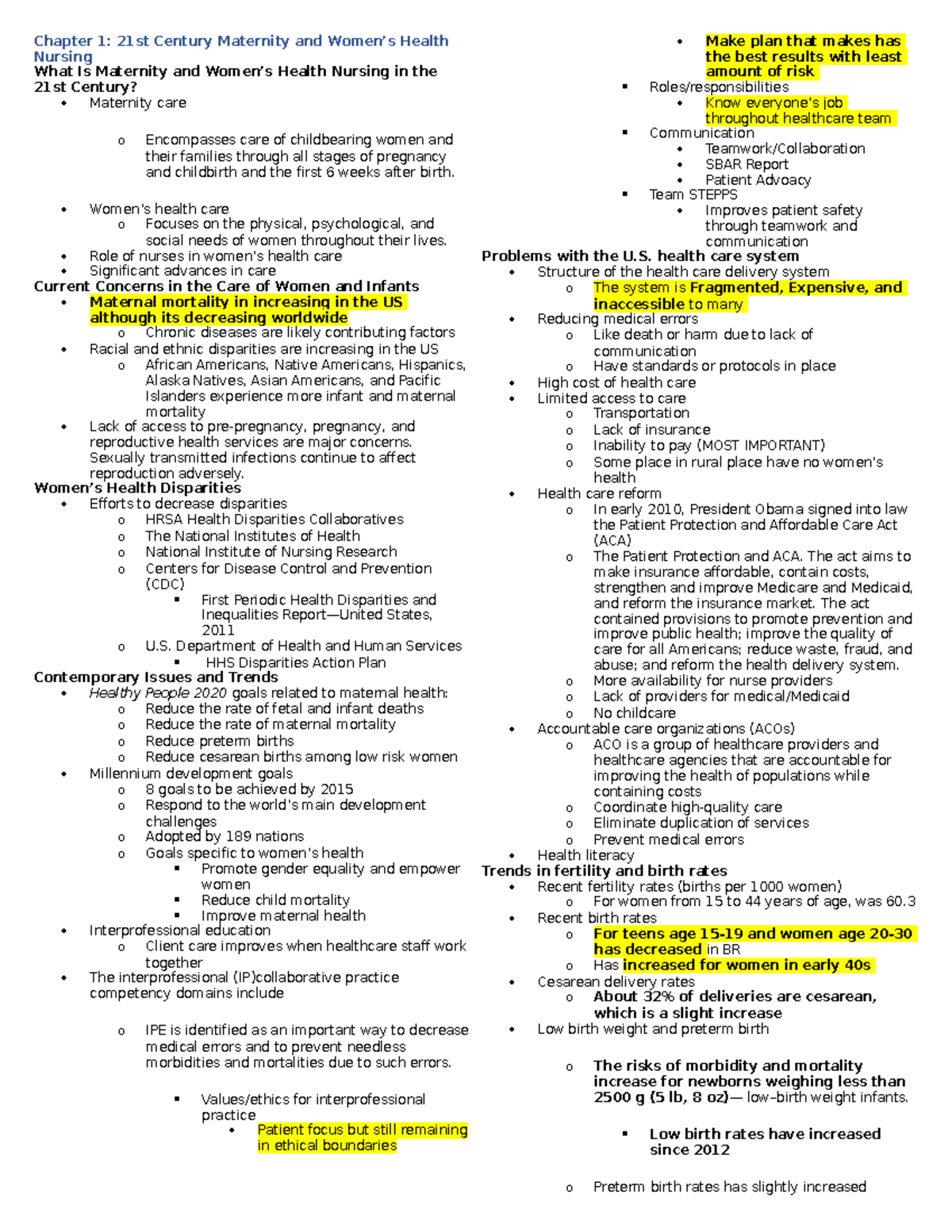 Ch 1 quick notes - Chapter 1: 21st Century Maternity and Women’s Health ...