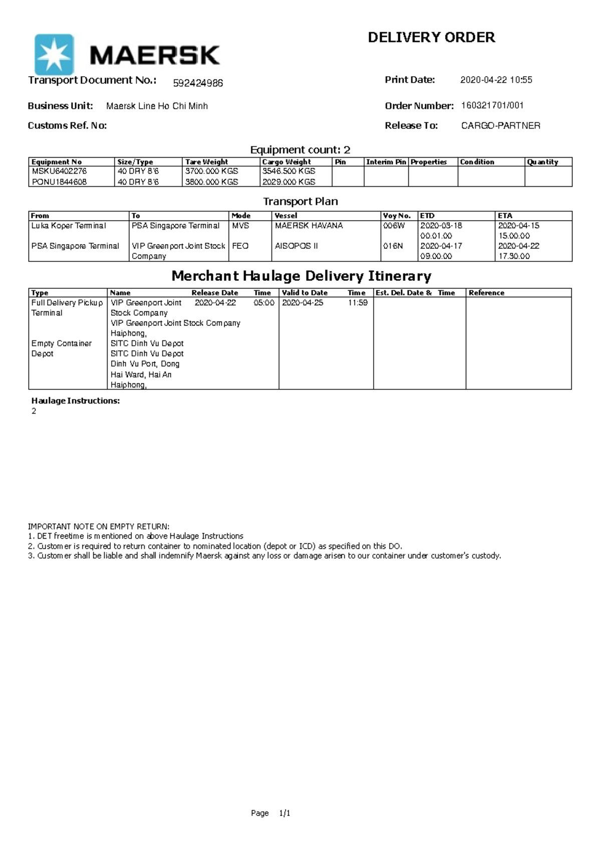 EDO Maersk line - chứng từ XNK - DELIVERY ORDER Transport Document No ...