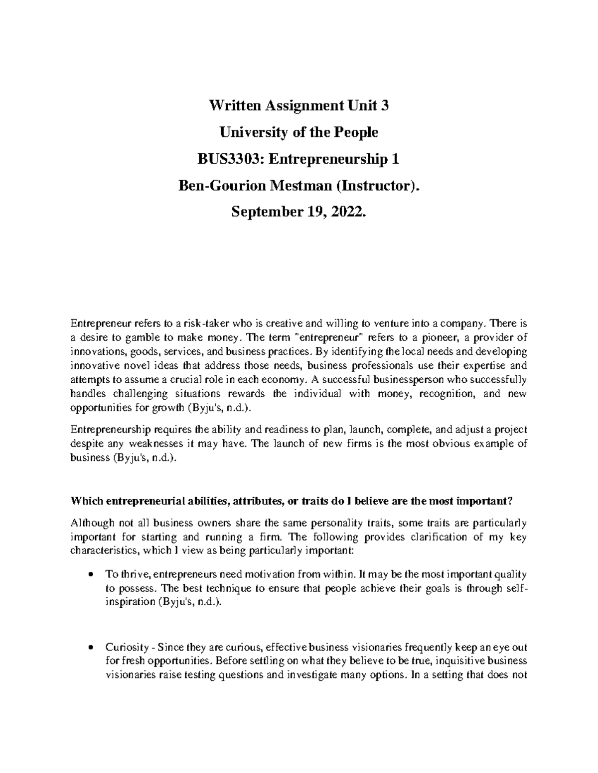 Entrepreneurship 1. W.A UNIT 3 - Written Assignment Unit 3 University ...