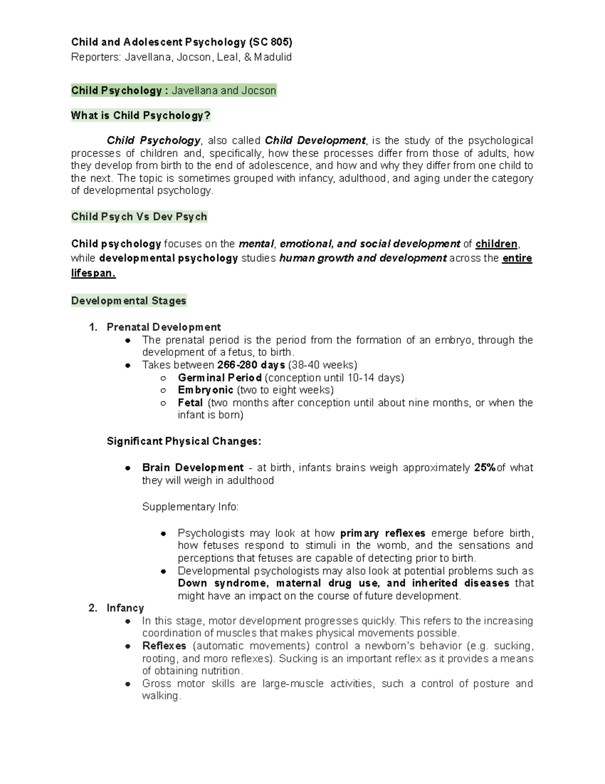 Child and Adolescent Psychology Outline - Child and Adolescent ...