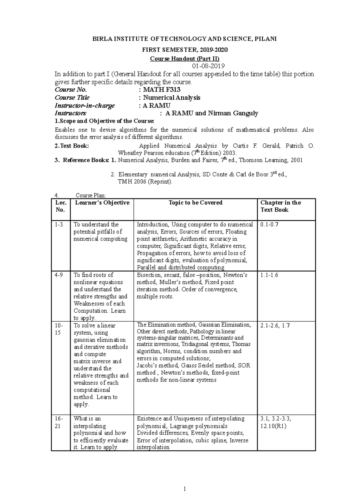 MATH F313 - Course handout - BIRLA INSTITUTE OF TECHNOLOGY AND SCIENCE, PILANI FIRST SEMESTER ...