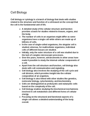 Cell biology - notes - Cell biology is the study of cell structure and ...