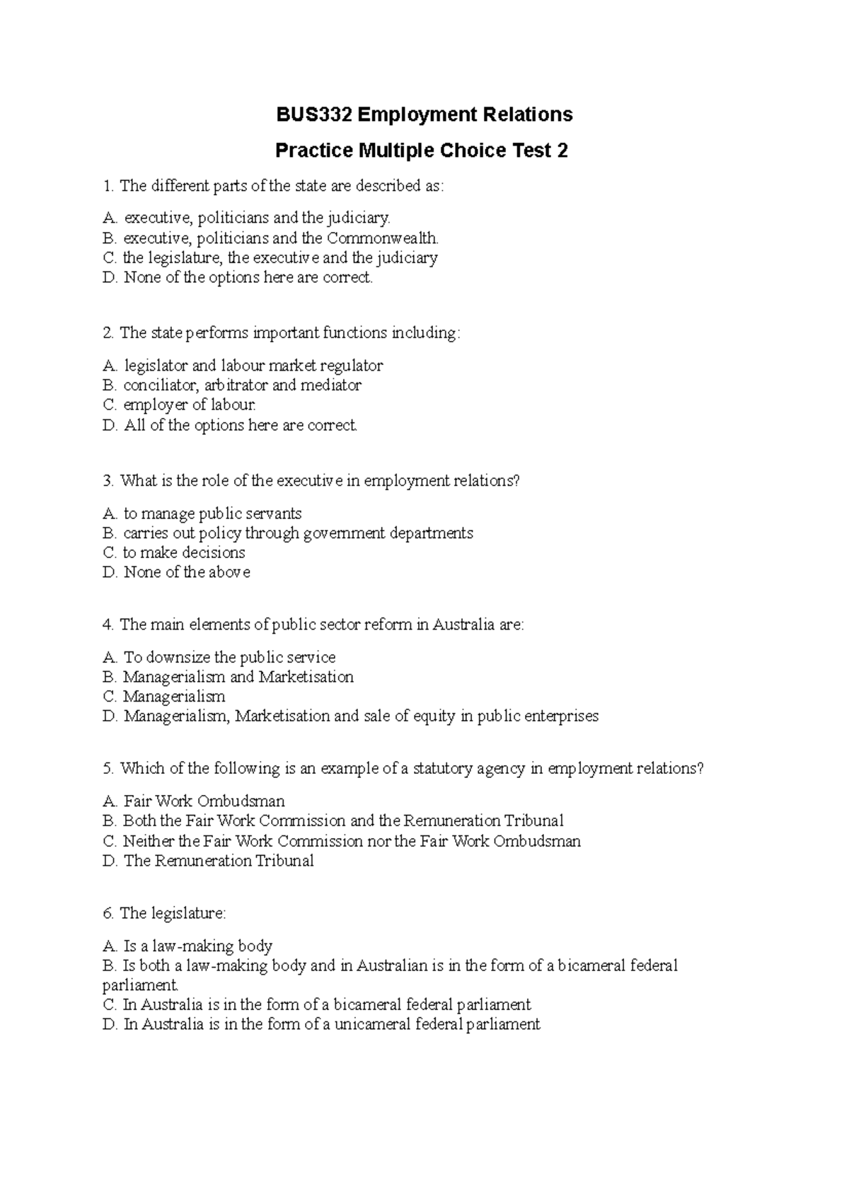 BUS332 Practice Multiple Choice Online Test 2 - BUS332 Employment ...