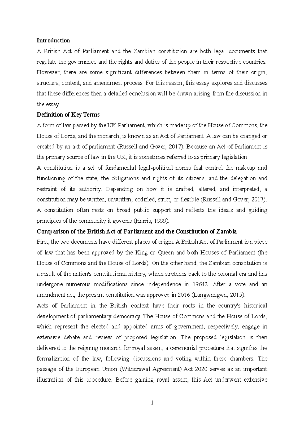 Kabwe Common Law Assignment - Introduction A British Act of Parliament ...