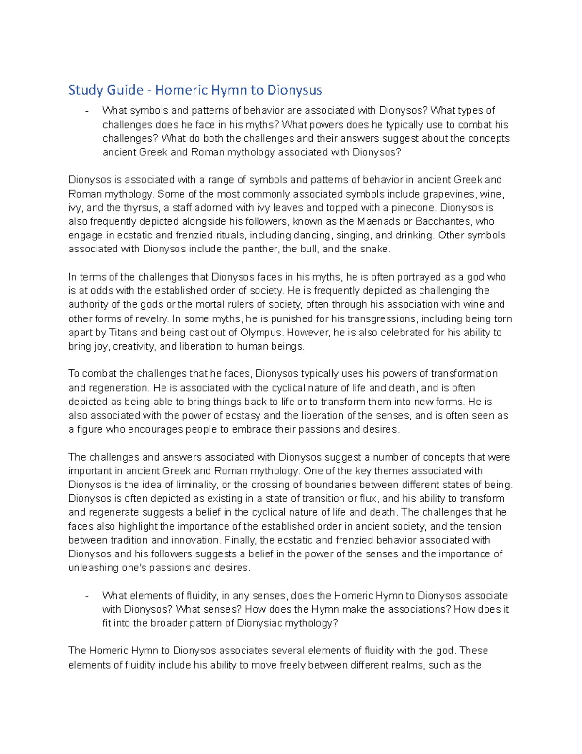AMNE final study guide - Study Guide - Homeric Hymn to Dionysus What ...