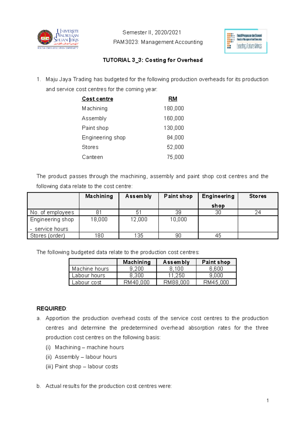 Tutorial 3 3 Costing for Overhead - Semester II, 2020/ PAM3023: Management Accounting TUTORIAL 3 ...