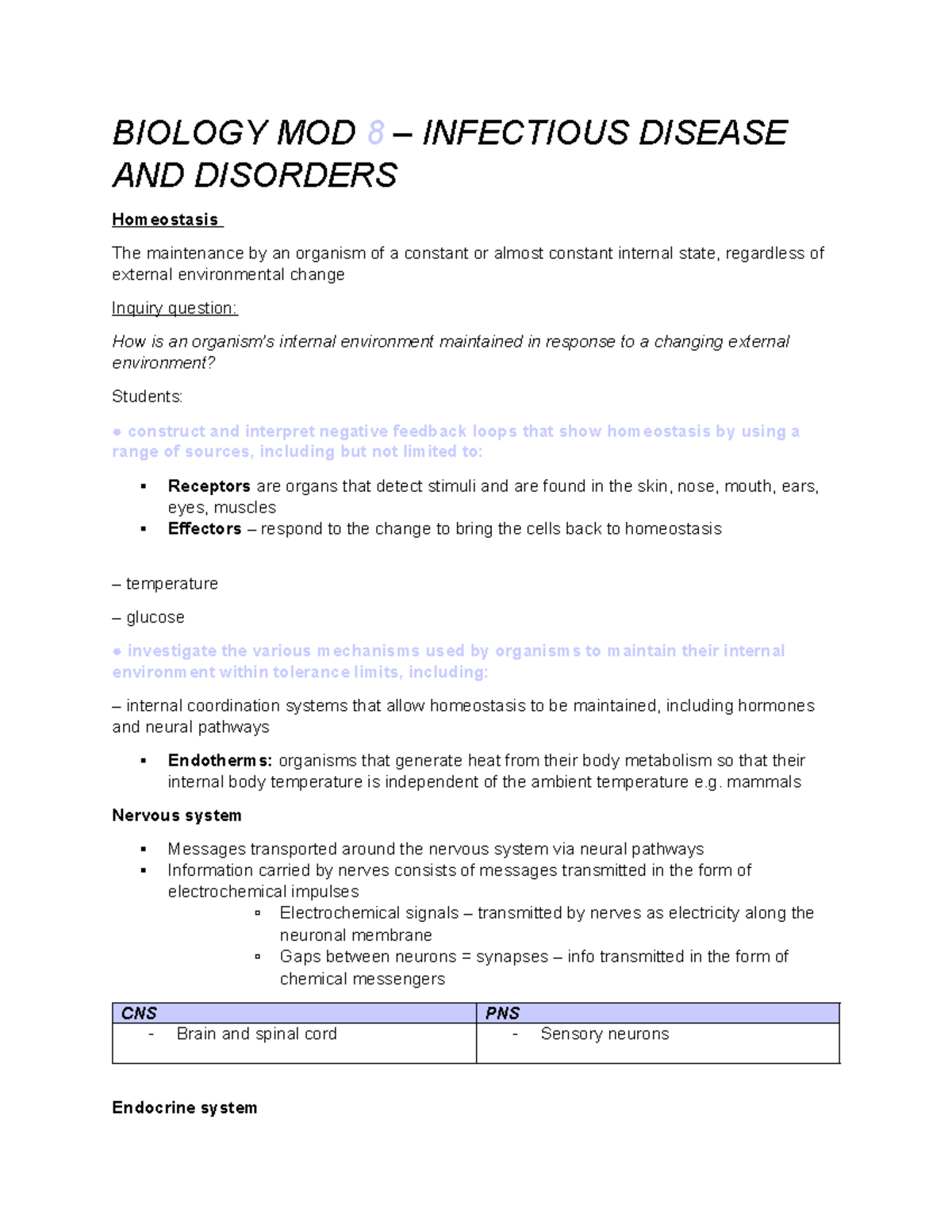 Biology MOD 8 Summary - BIOLOGY MOD 8 – INFECTIOUS DISEASE AND ...