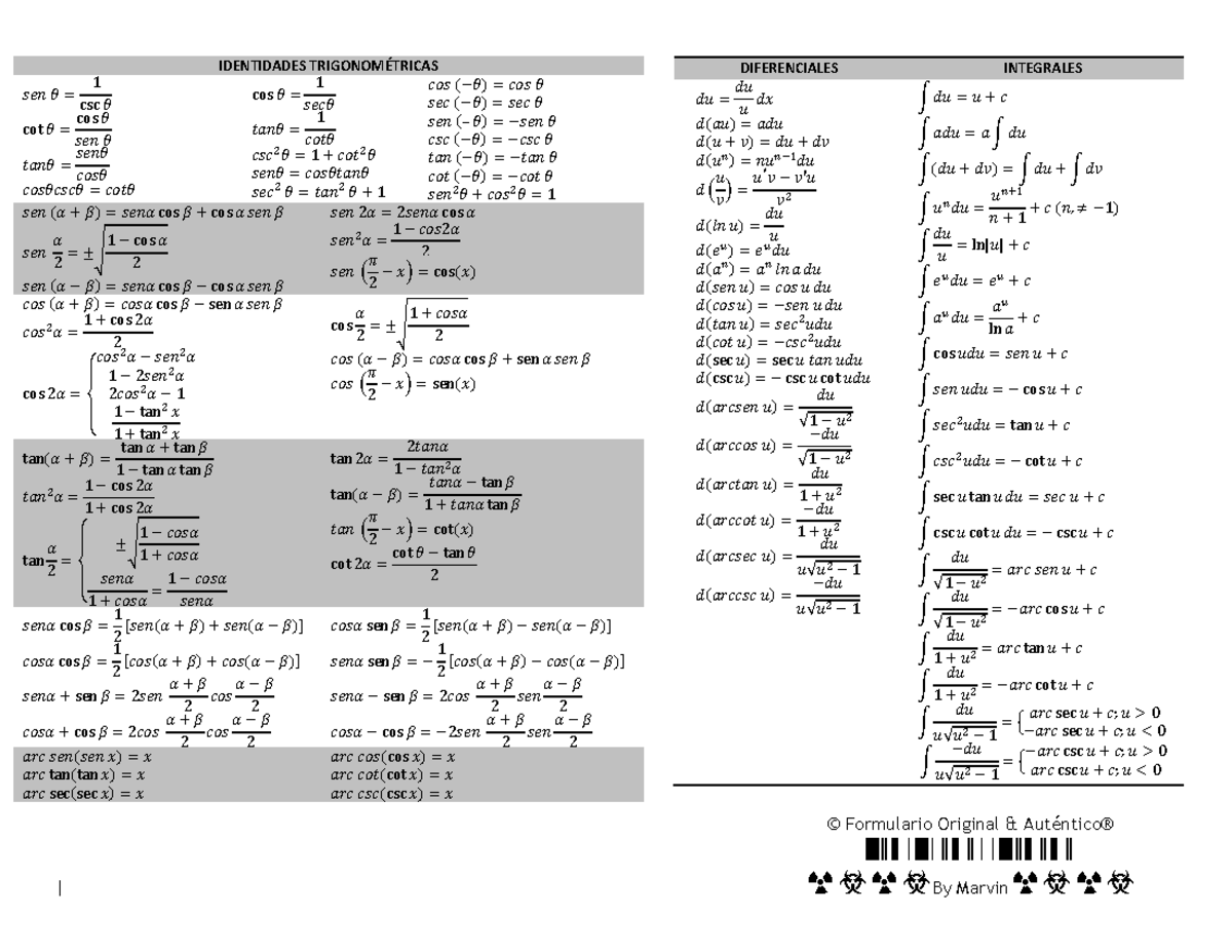 Calculo integral - IDENTIDADES TRIGONOMÉTRICAS 1 1 𝑐𝑜𝑠 −𝜃 = 𝑐𝑜𝑠 𝜃 𝑠𝑒𝑛 𝜃 ...