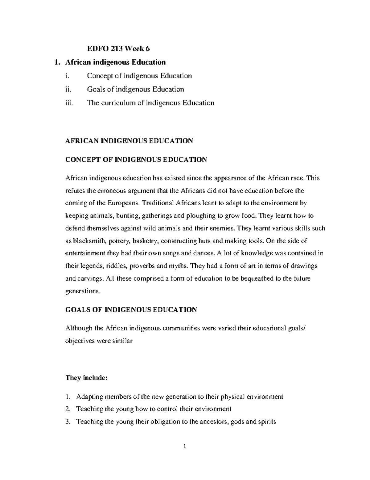 African indigenous education - 1 EDFO 213 Week 6 1. African indigenous ...
