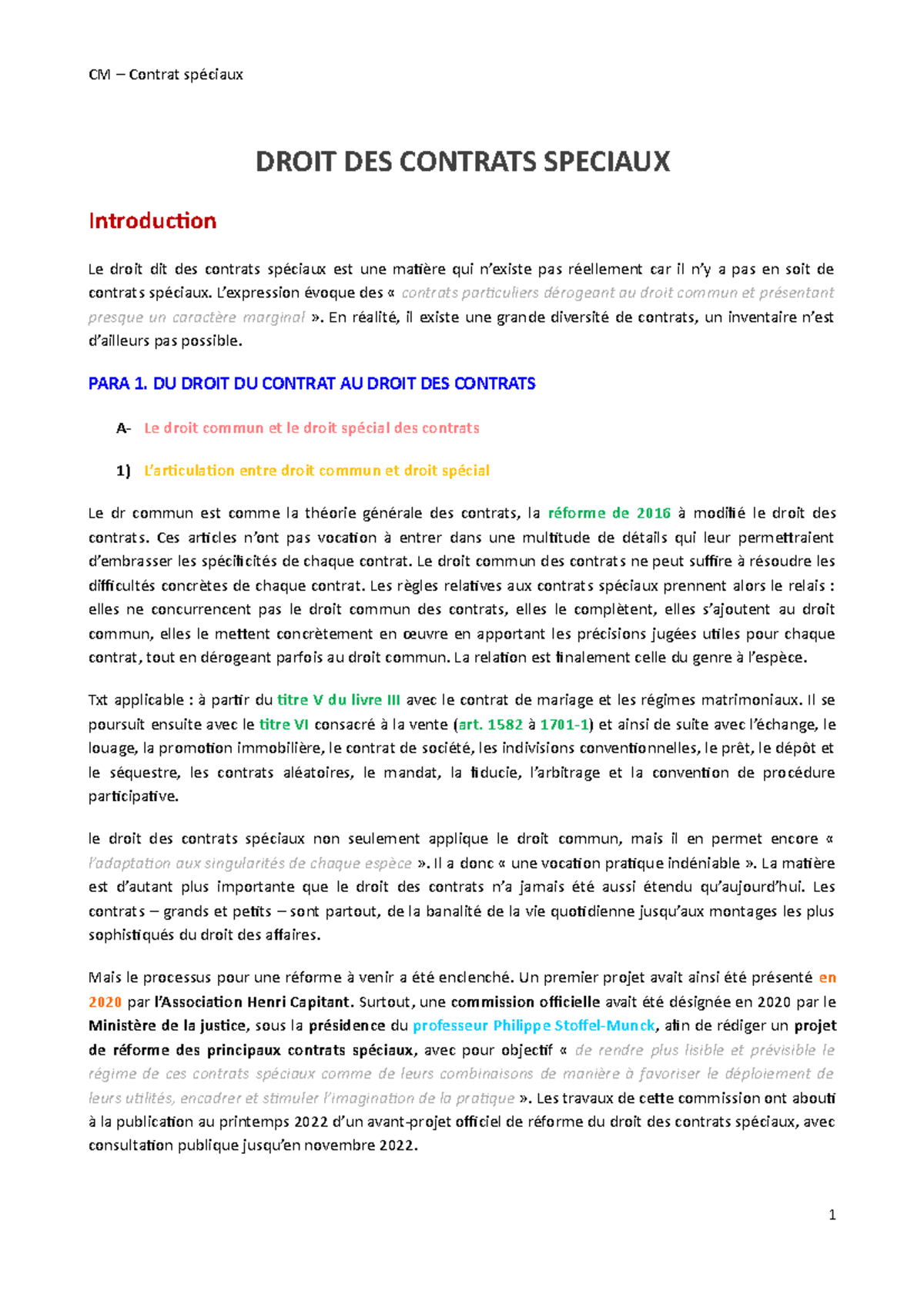 CM - Contrat spéciaux - DROIT DES CONTRATS SPECIAUX Introduction Le ...
