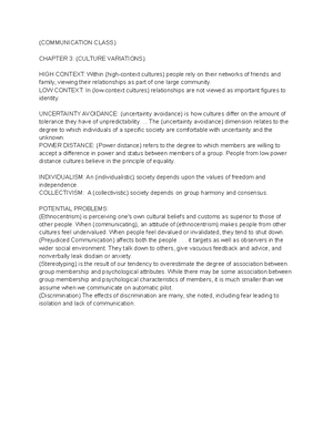 Communication Class PDF - (COMMUNICATION CLASS) CHAPTER 3: (CULTURE ...