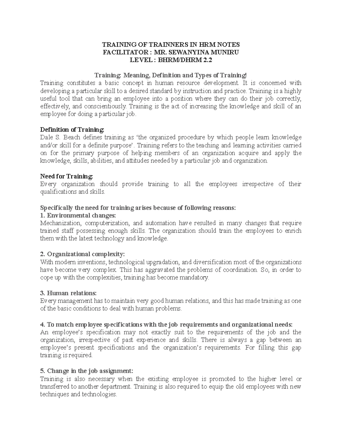 Training notes 2020 - TRAINING OF TRAINNERS IN HRM NOTES FACILITATOR ...