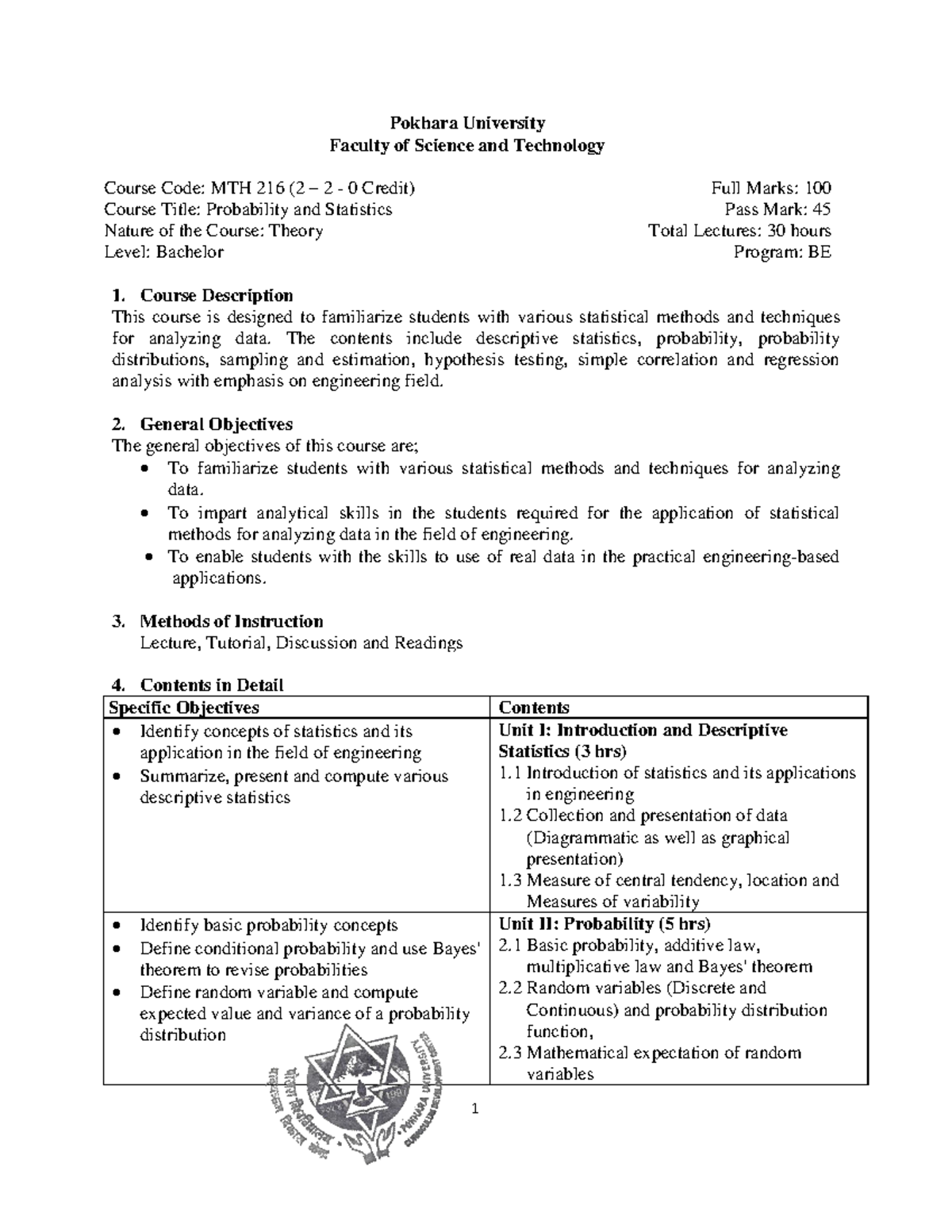 MTH 216 Probability and Statistics Final - Pokhara University Faculty ...