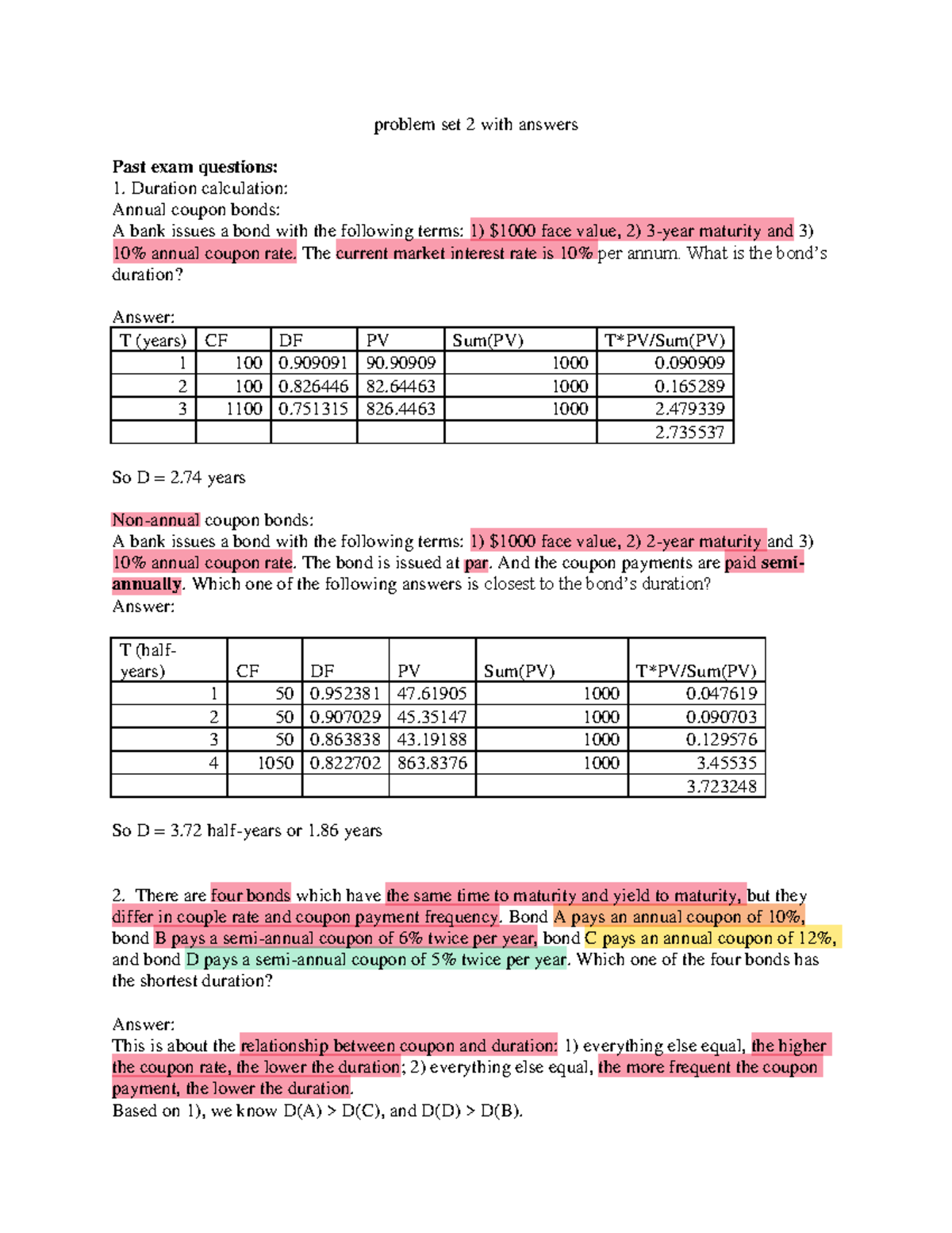 Problem set 2 with answers - problem set 2 with answers Past exam questions: 1. Duration - Studocu