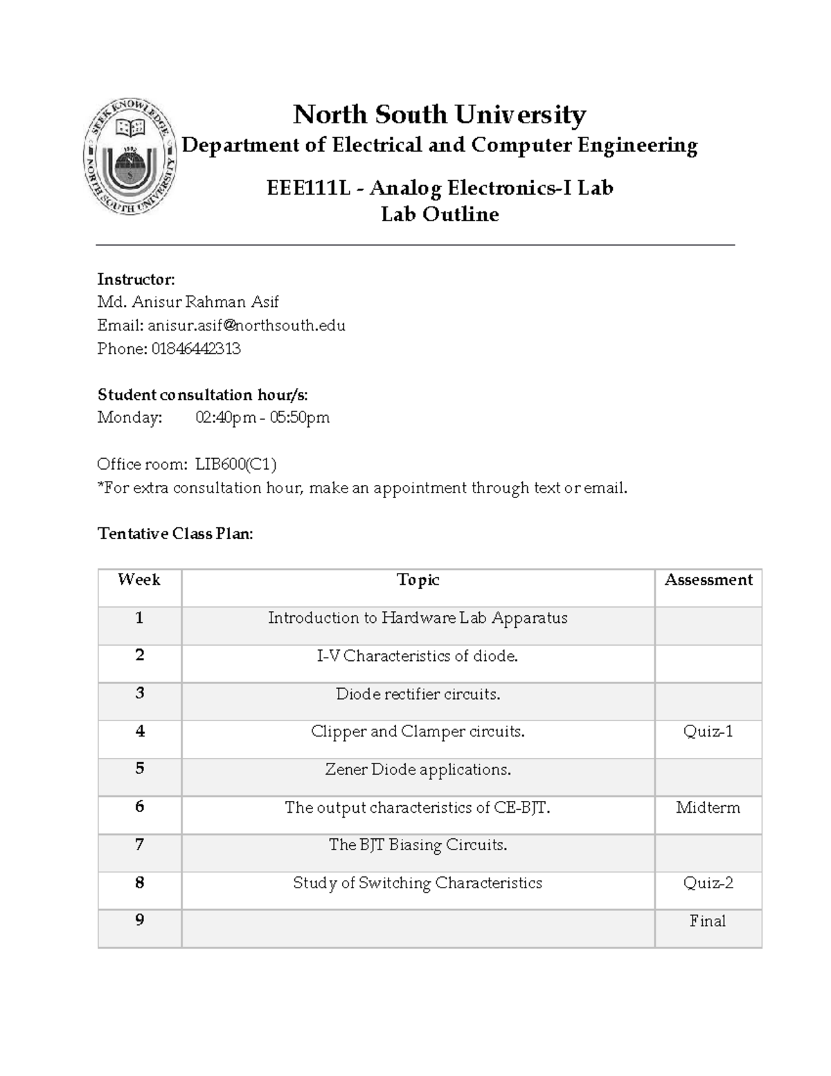 EEE111 Lab Outline - lab cover page - North South University Department ...