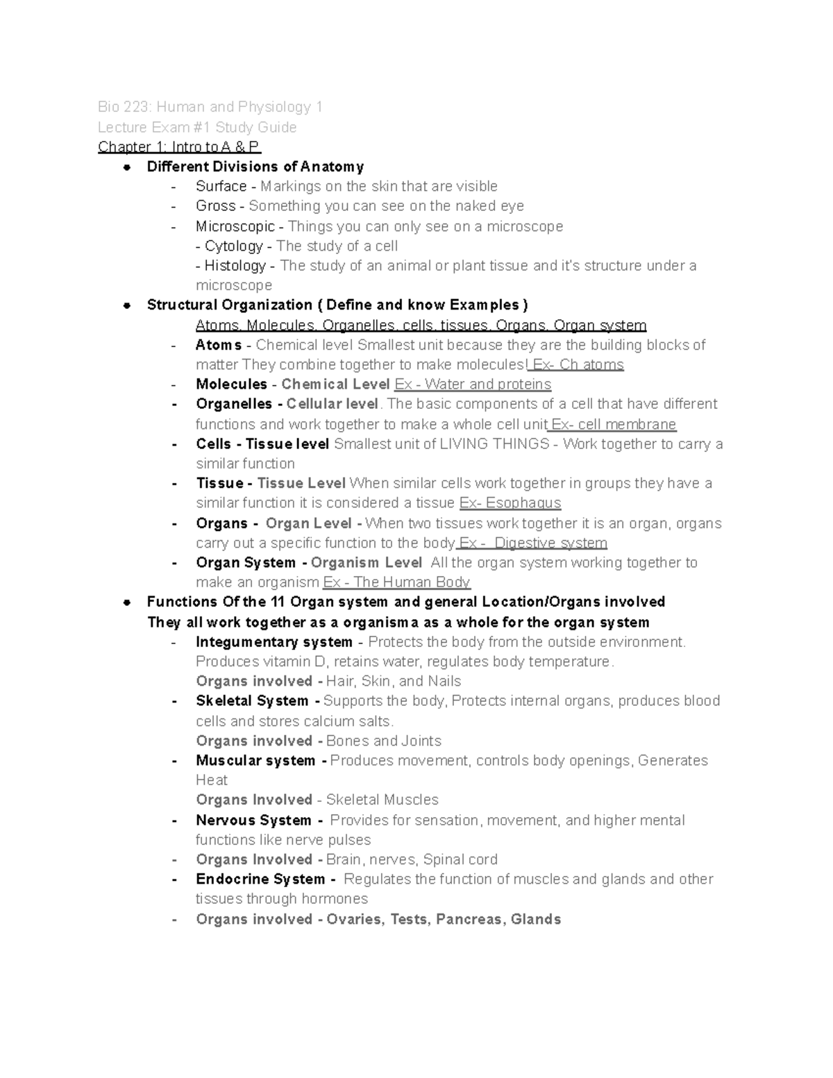 A&P study guid Exam 1 - Bio 223: Human and Physiology 1 Lecture Exam #1 ...