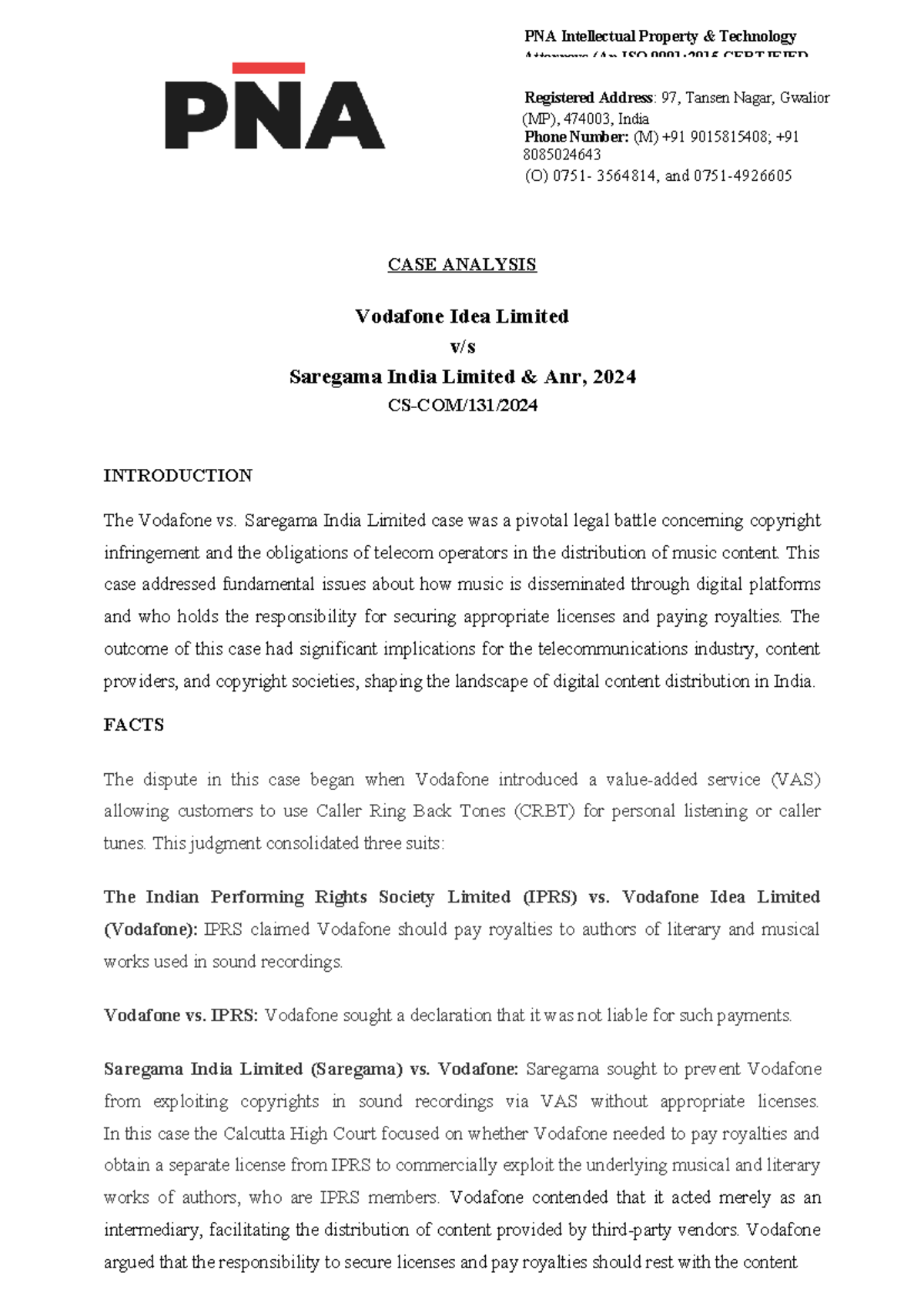CASE Analysis- N N Global & Indo Unique - PNA Intellectual Property ...